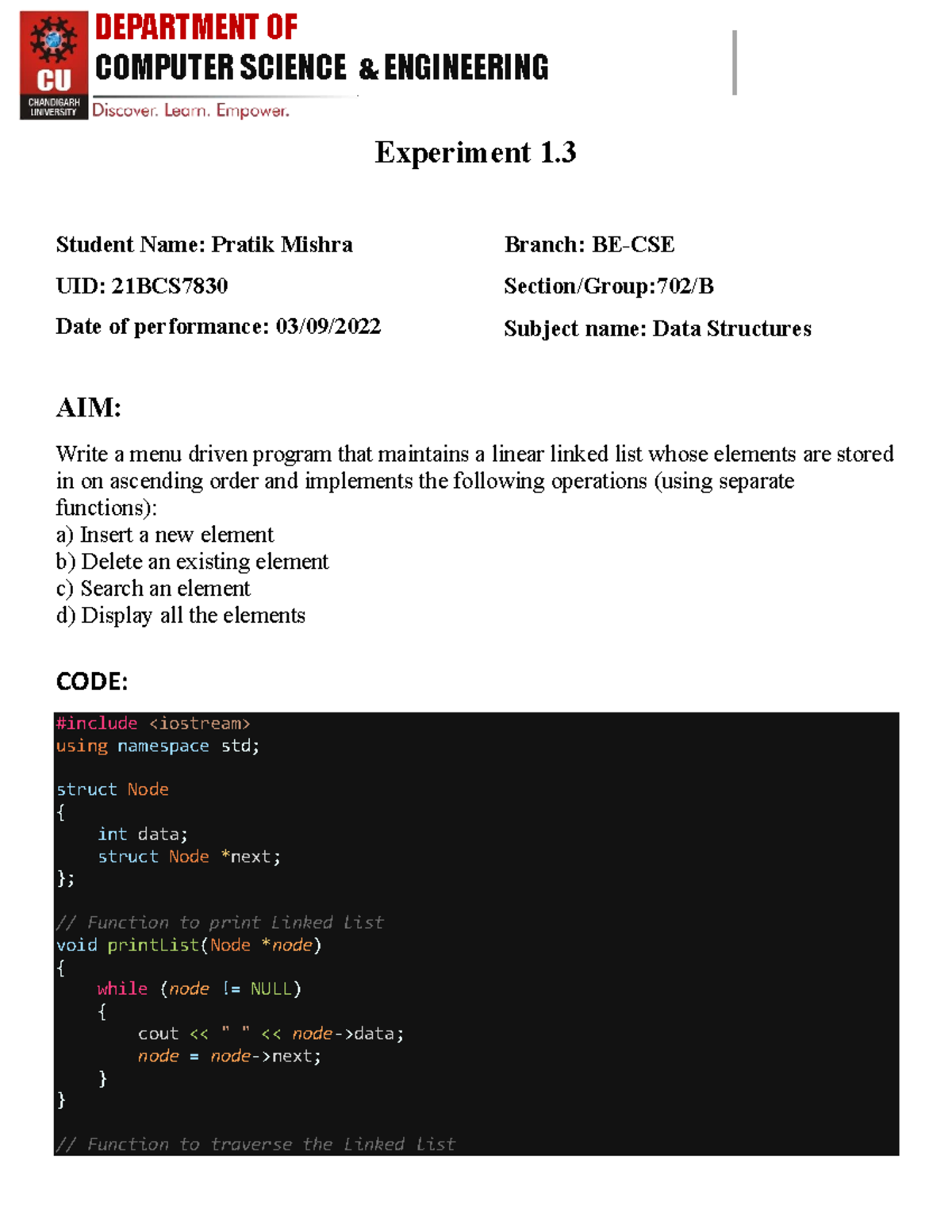 DS 1.3 pratik - worksheetaaaaa - Experiment 1. Student Name: Pratik Mishra Branch: BE-CSE UID ...