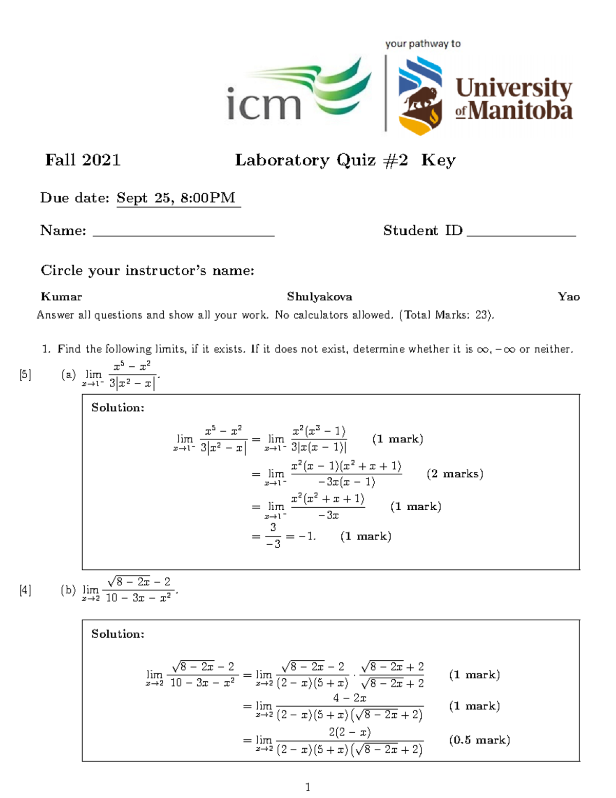 Quiz 2 solution Fall 2021 - Fall 2021 Laboratory Quiz #2 Key Due date ...
