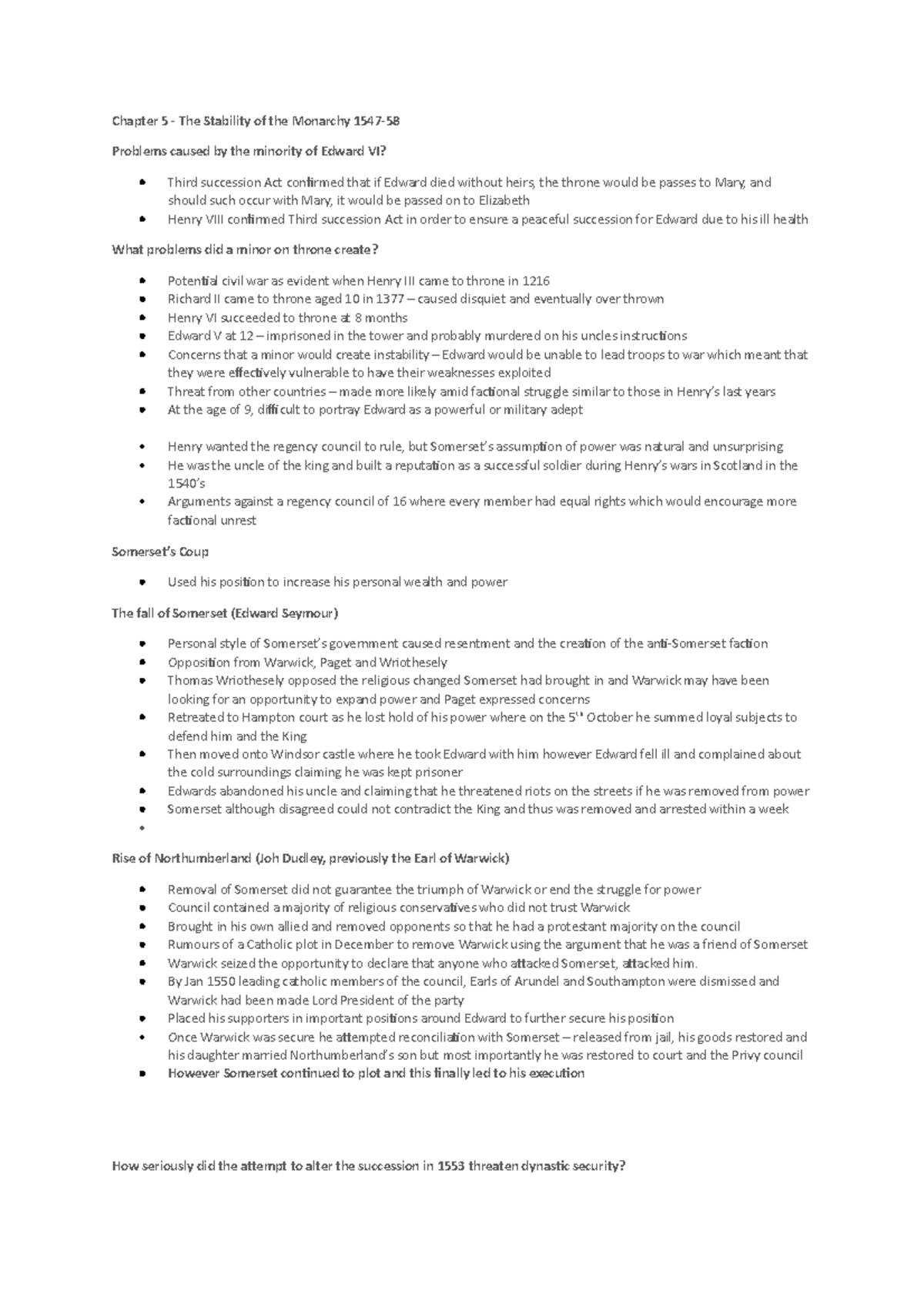 Tudors Law Summary - Chapter 5 - The Stability of the Monarchy 1547 ...
