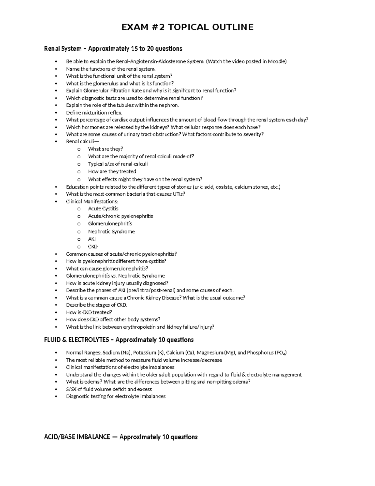 Exam 2 SG - studyuide2 - EXAM #2 TOPICAL OUTLINE Renal System ...