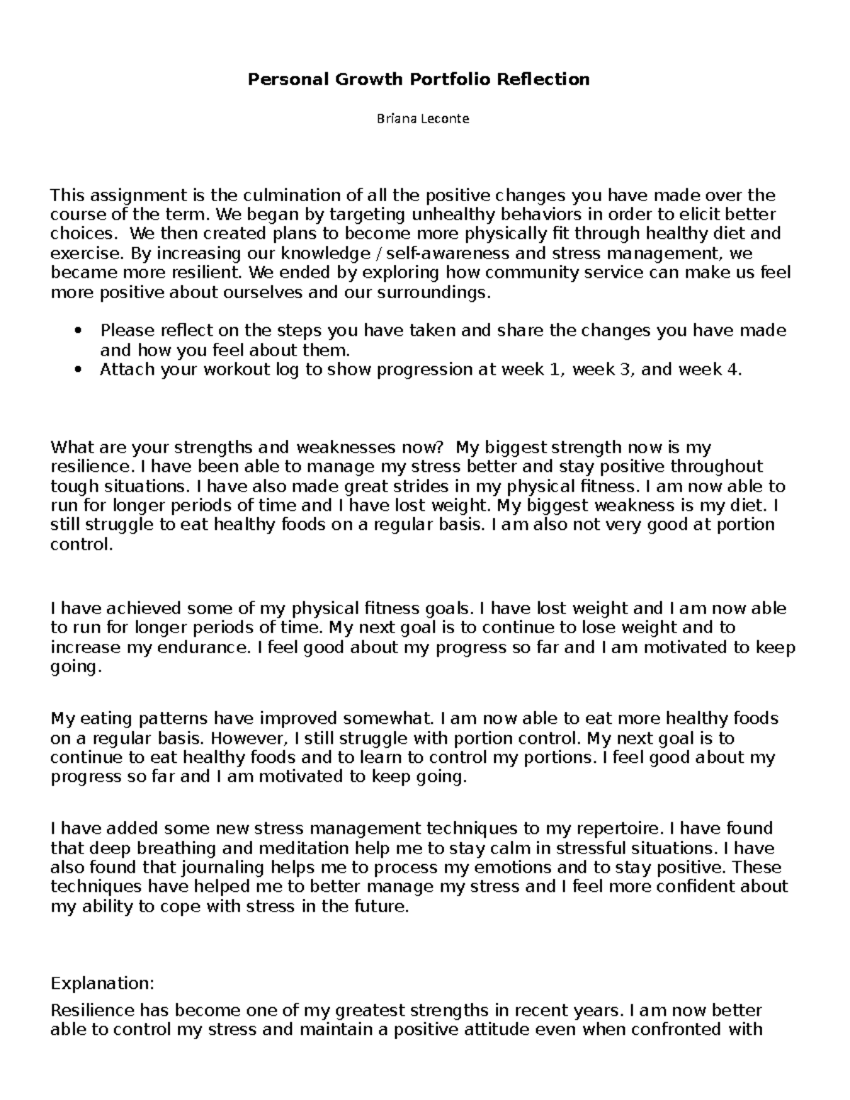 Personal Fitness Growth Portfolio Reflection - Personal Growth ...