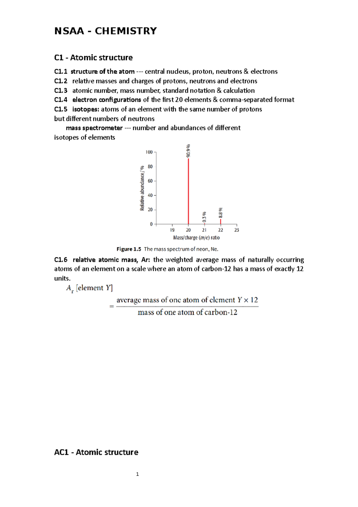 C1 - Chemistry - NSAA - CHEMISTRY C1 - Atomic structure C1 structure of ...