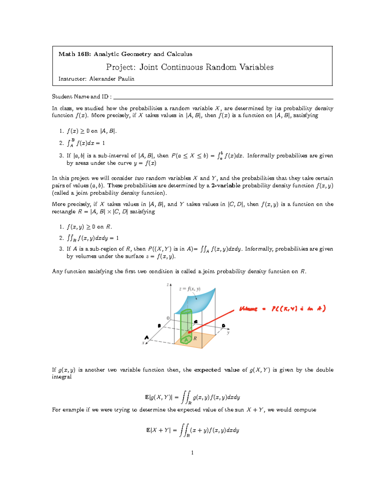 Project Joint Continuous Random Variables - Math 16B: Analytic Geometry and Calculus Project ...