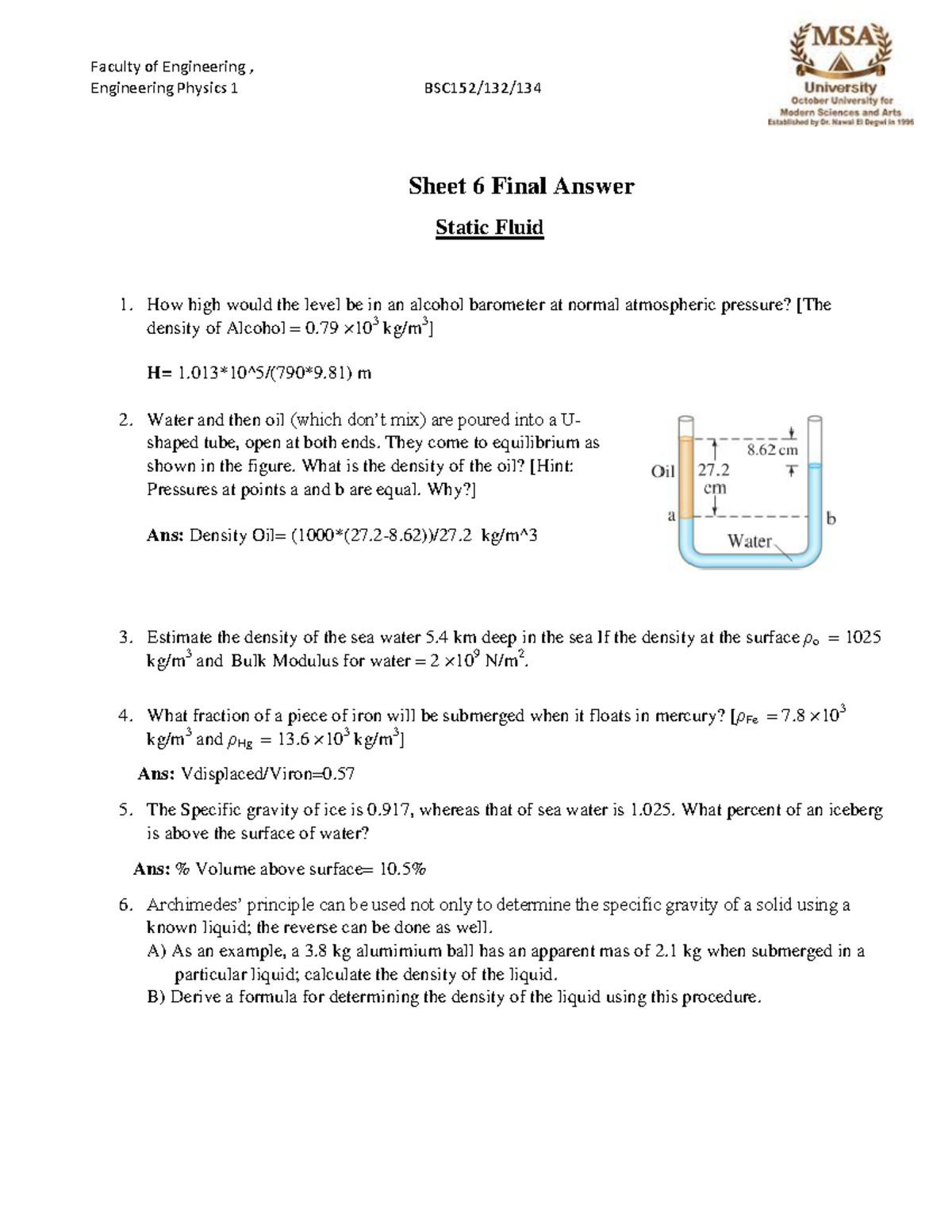 Sheet 6 - Fall 2020 - Faculty of Engineering , Engineering Physics 1 ...