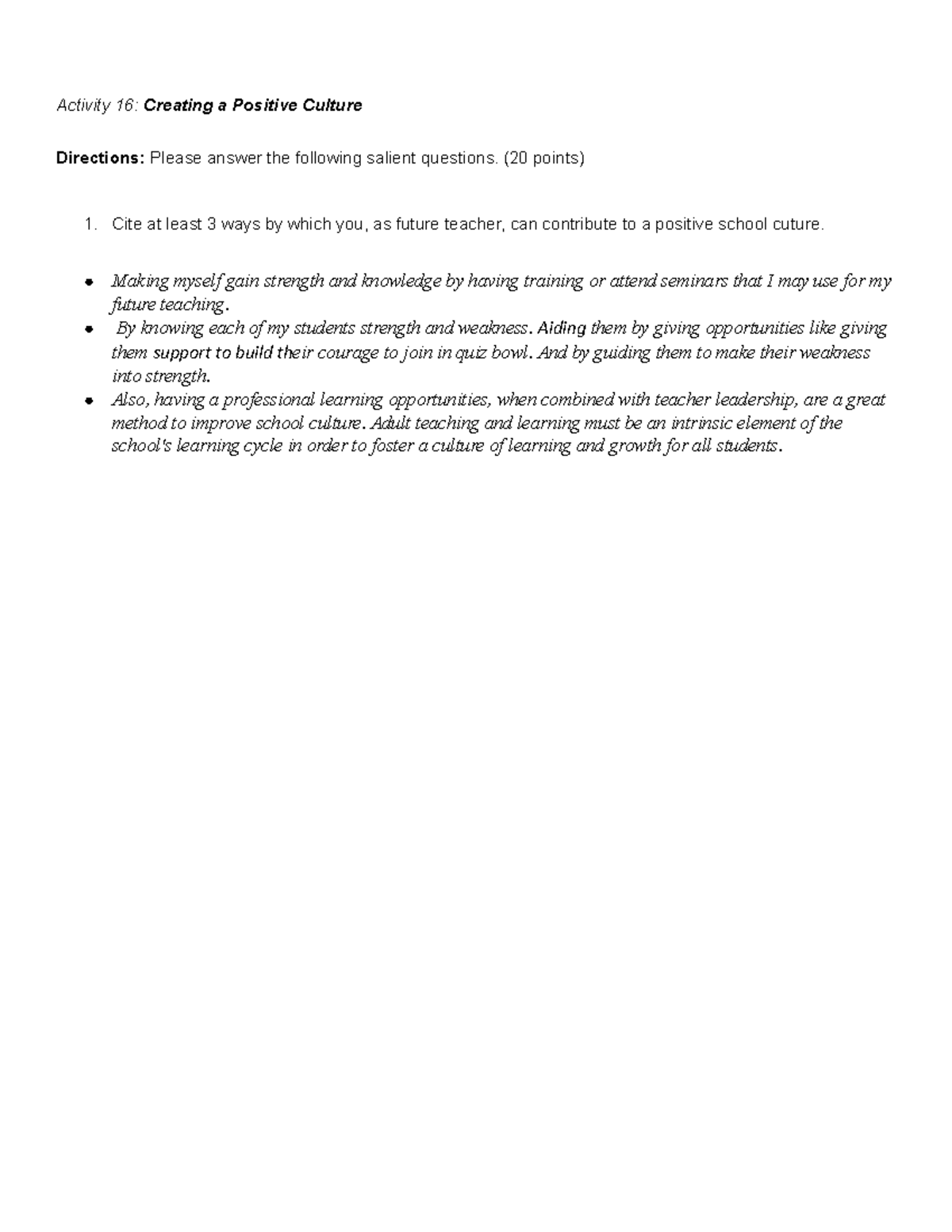 Creating a Positive Culture - Activity 16: Creating a Positive Culture ...