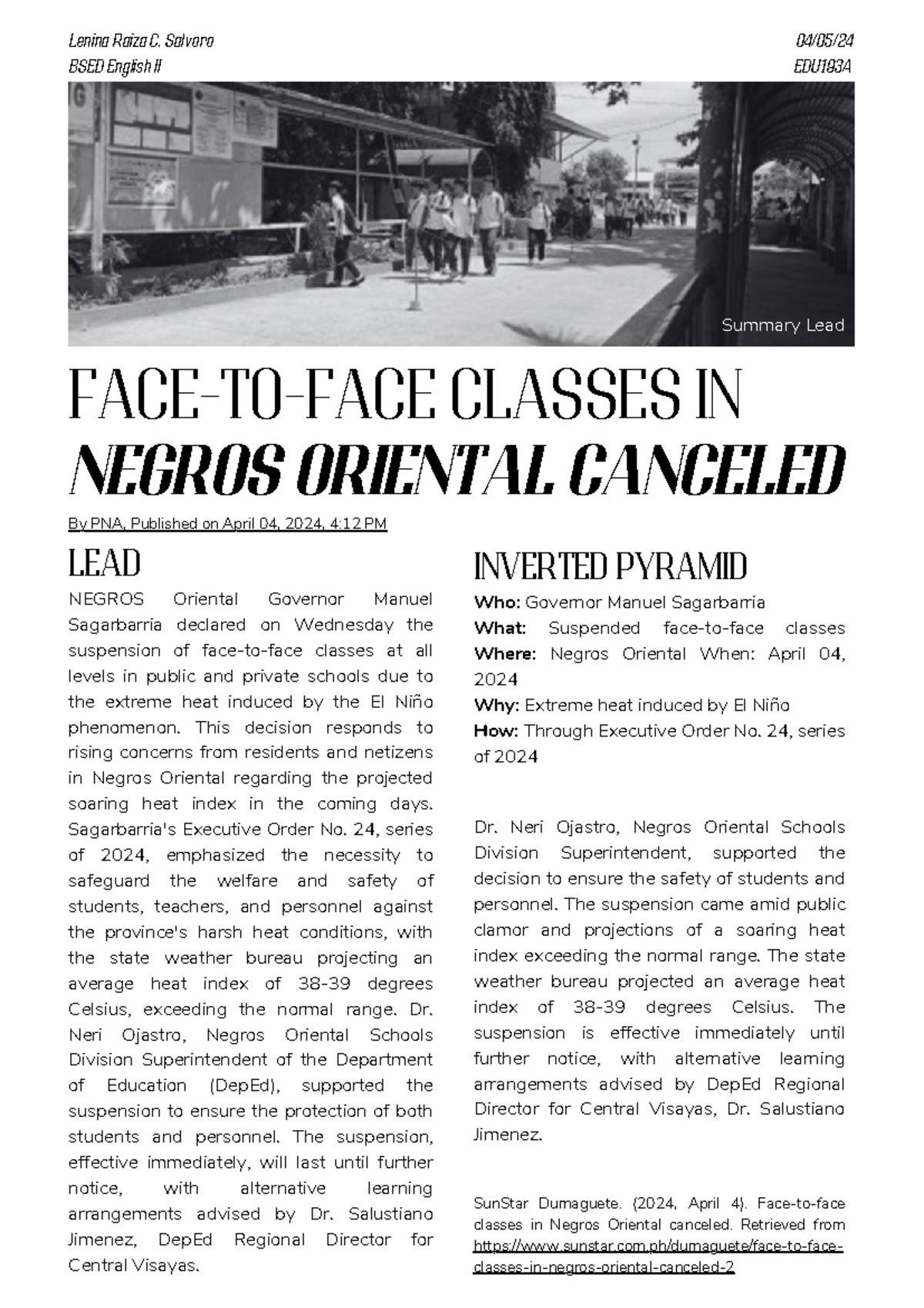 News Story Exercise - .............. - NEGROS Oriental Governor Manuel ...