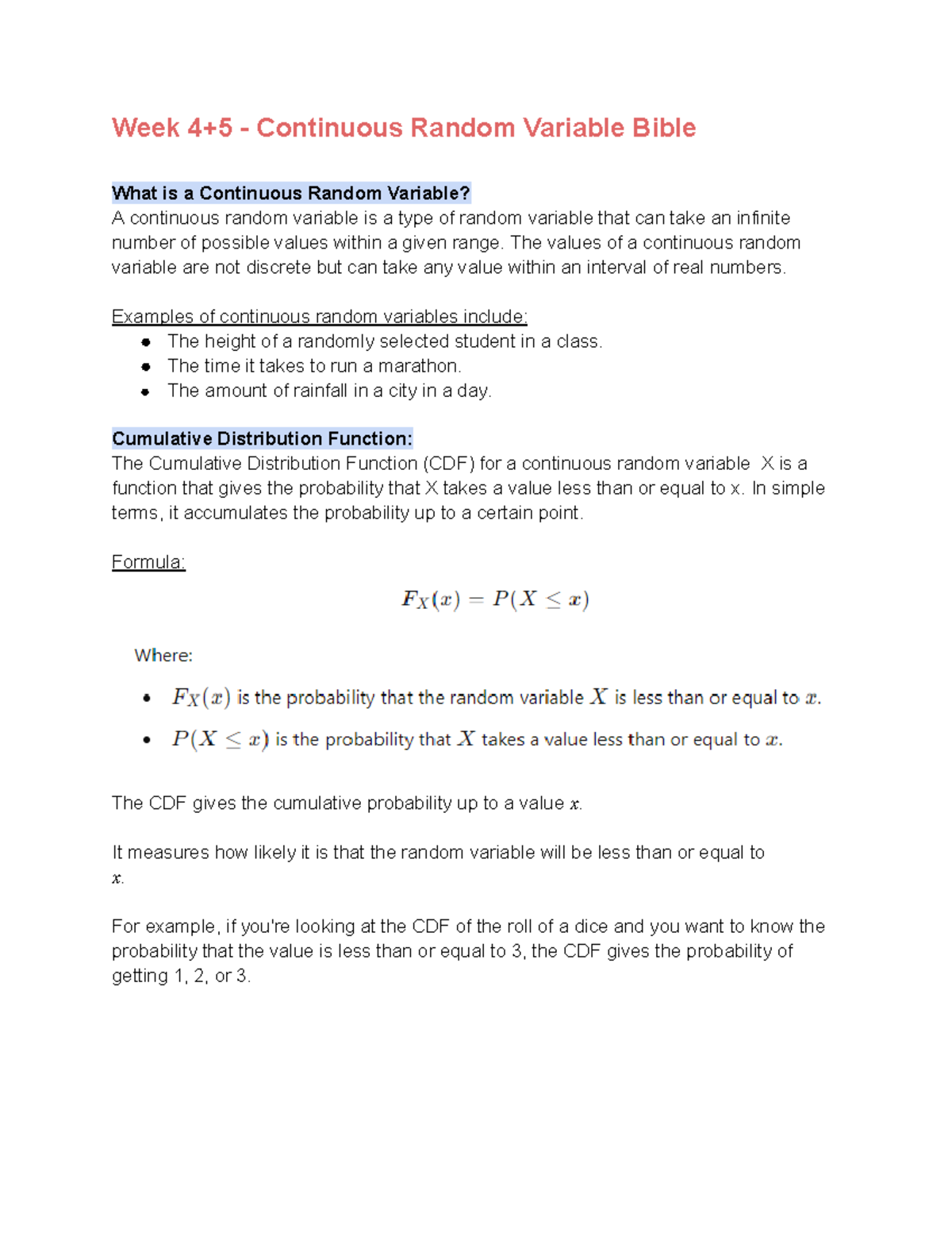 Chapter 4 - Continous Random Variable - Week 4+5 - Continuous Random Variable Bible What is a ...