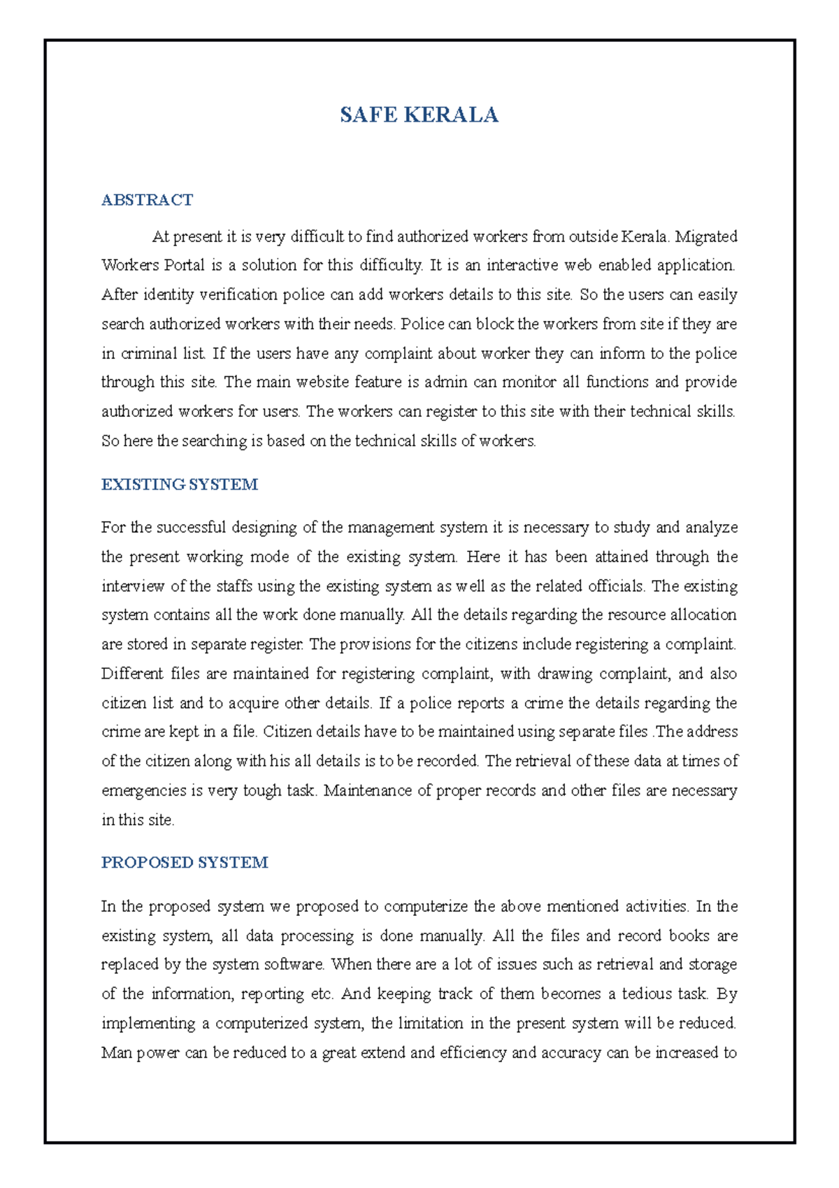 SAFE Kerala - Main project - SAFE KERALA ABSTRACT At present it is very ...