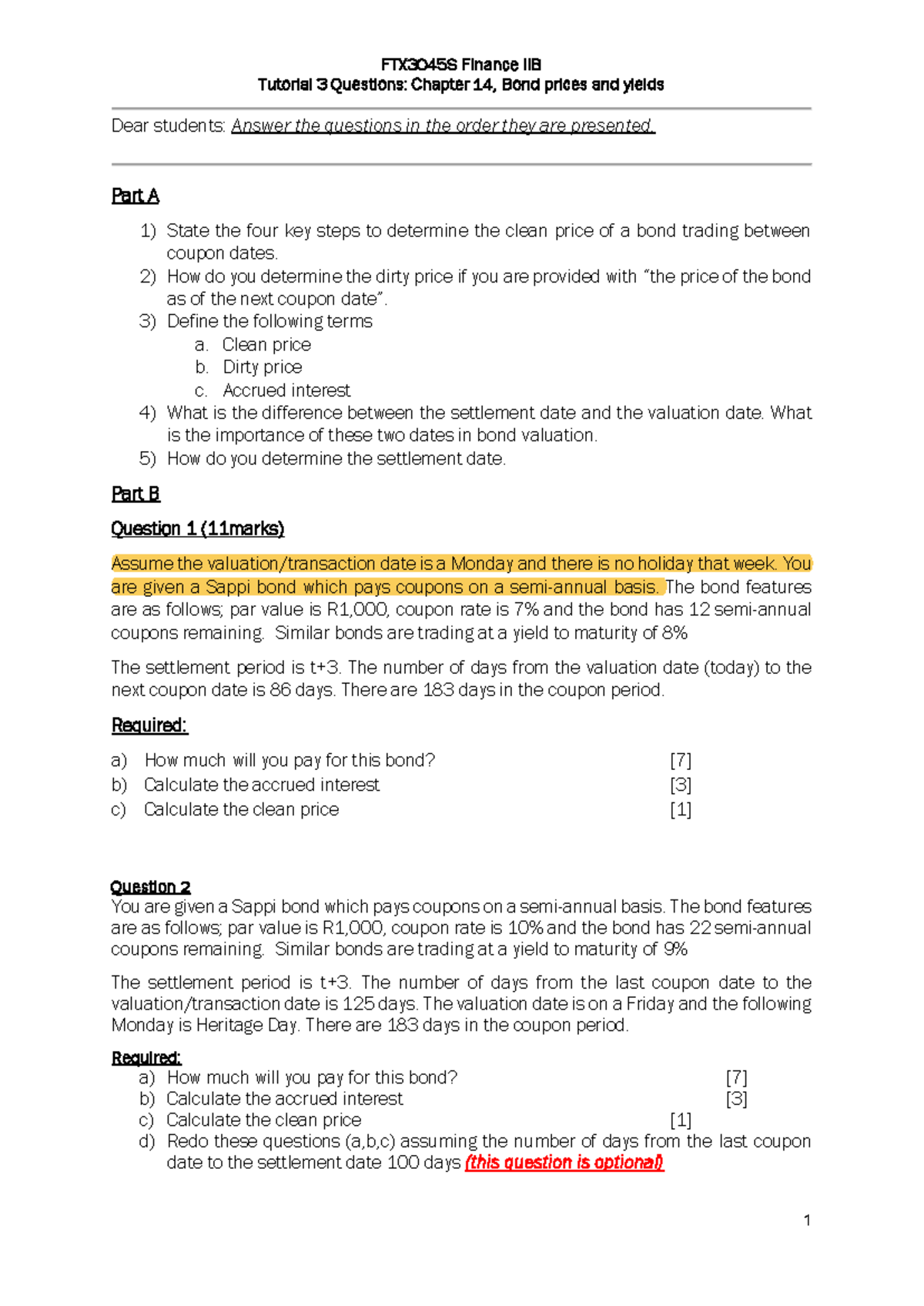 3. Tutorial 3 Questions for submission - FTX3045S Finance IIB Tutorial 3 Questions: Chapter 14 ...