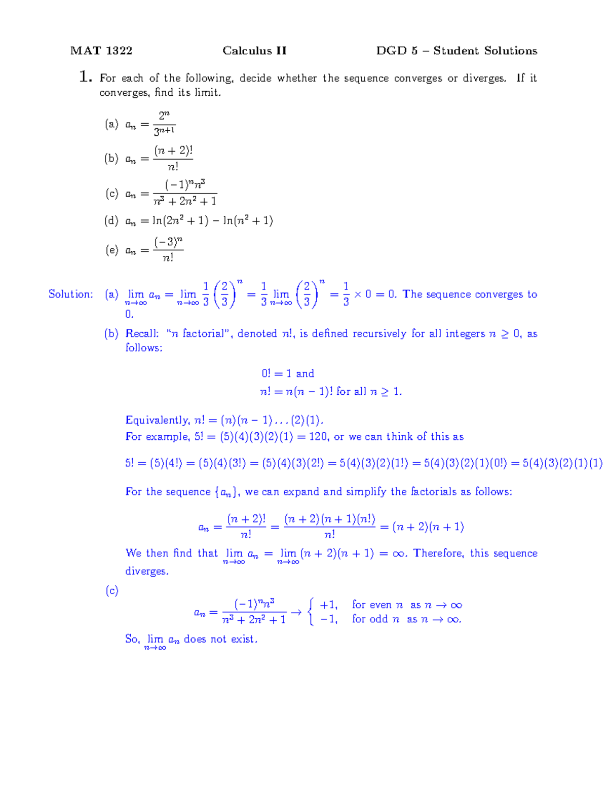 Mat1322 DGD5 Student Solutions 2022 - MAT 1322 Calculus II DGD 5 – Student Solutions 1. For each ...