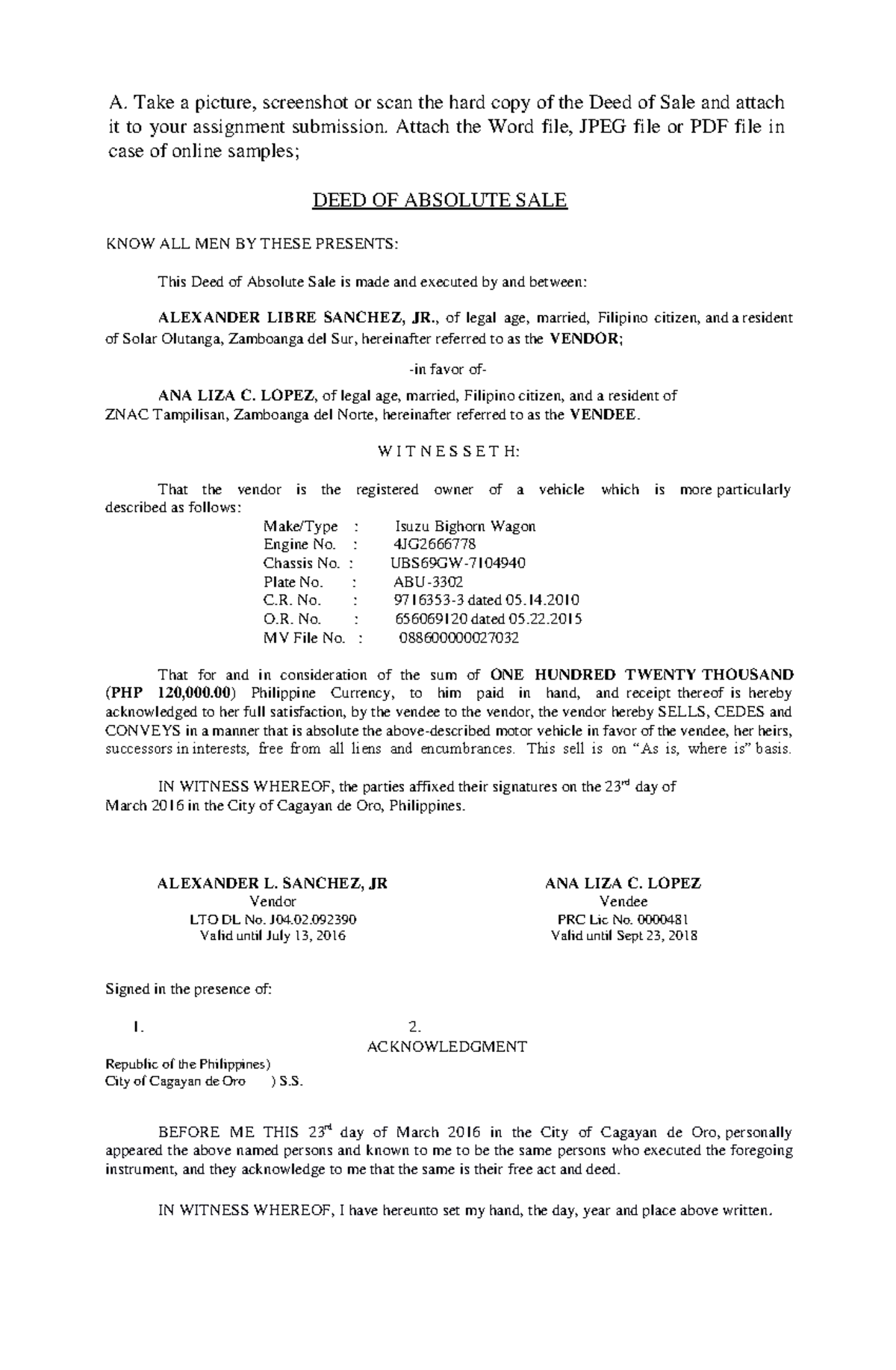 Sale Transaction - DEED OF ABSOLUTE SALE KNOW ALL MEN BY THESE PRESENTS: This Deed of Absolute ...