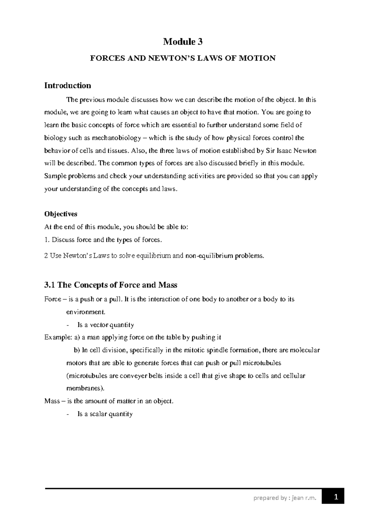 Phys 311a Module 3 Forces and Newtons Laws of Motion - Module 3 ...