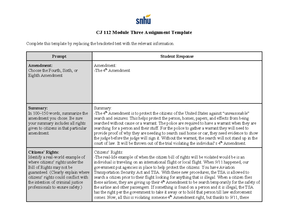 CJ 112 Module Three Assignment - Prompt Student Response Amendment: Choose the Fourth, Sixth, or ...