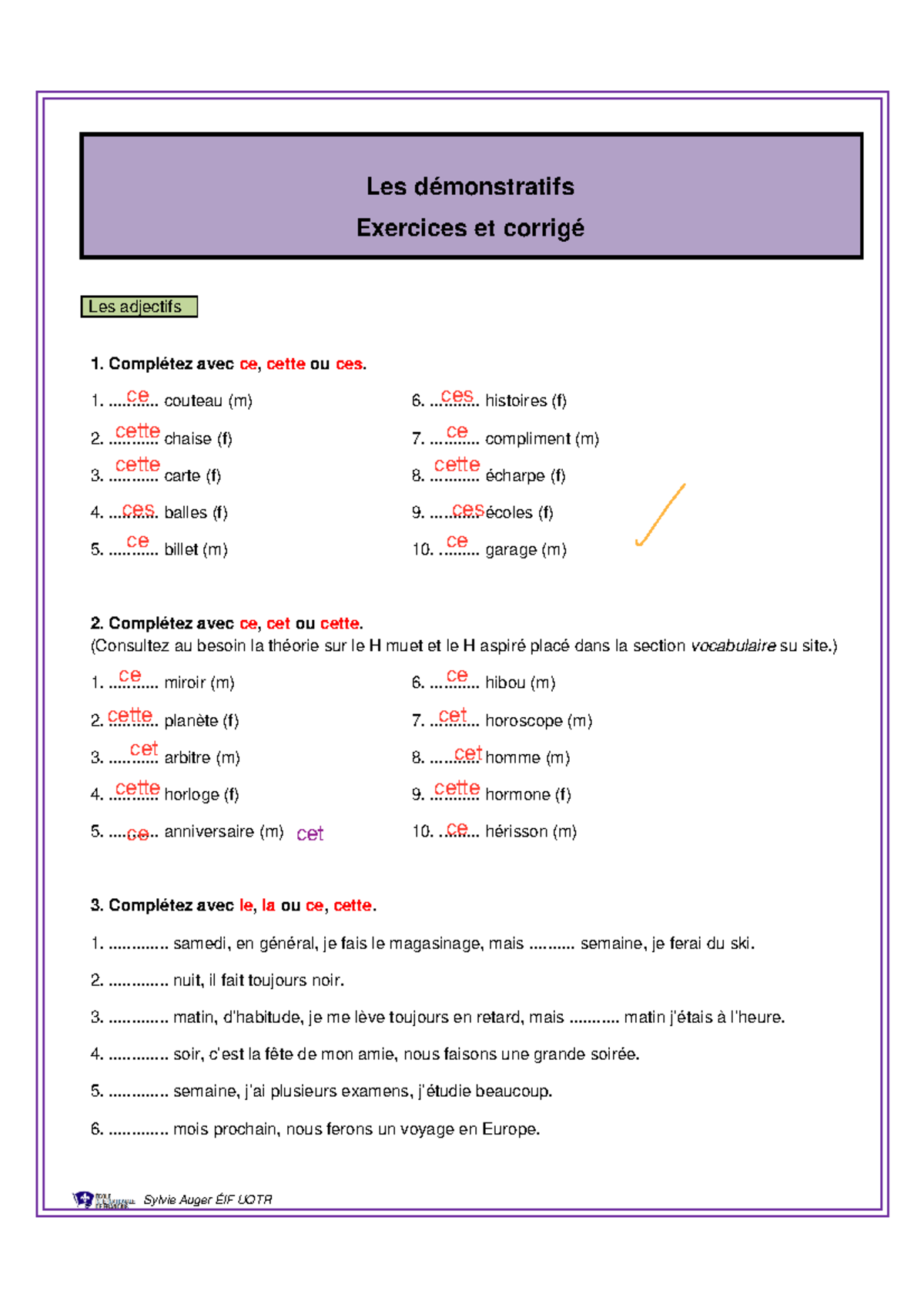 Les demonstratifs exercices et corrige - Les démonstratifs Exercices et ...