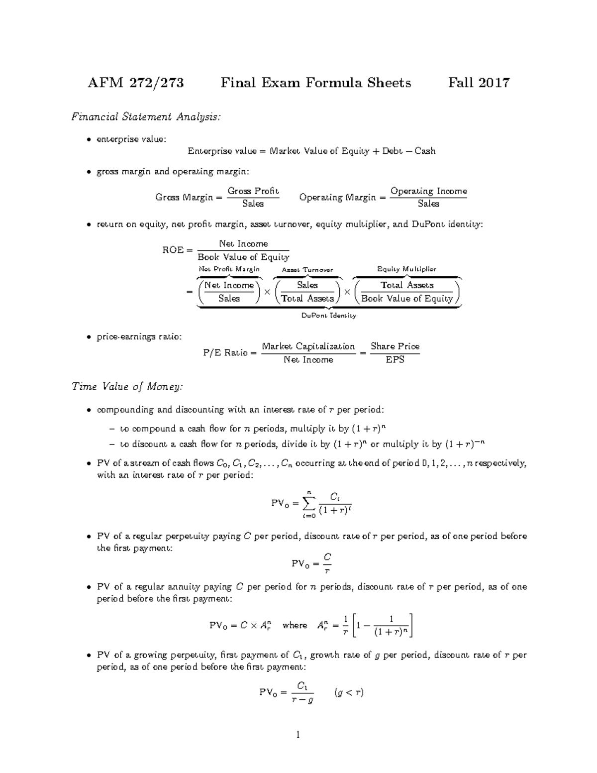 AFM Formula Sheet