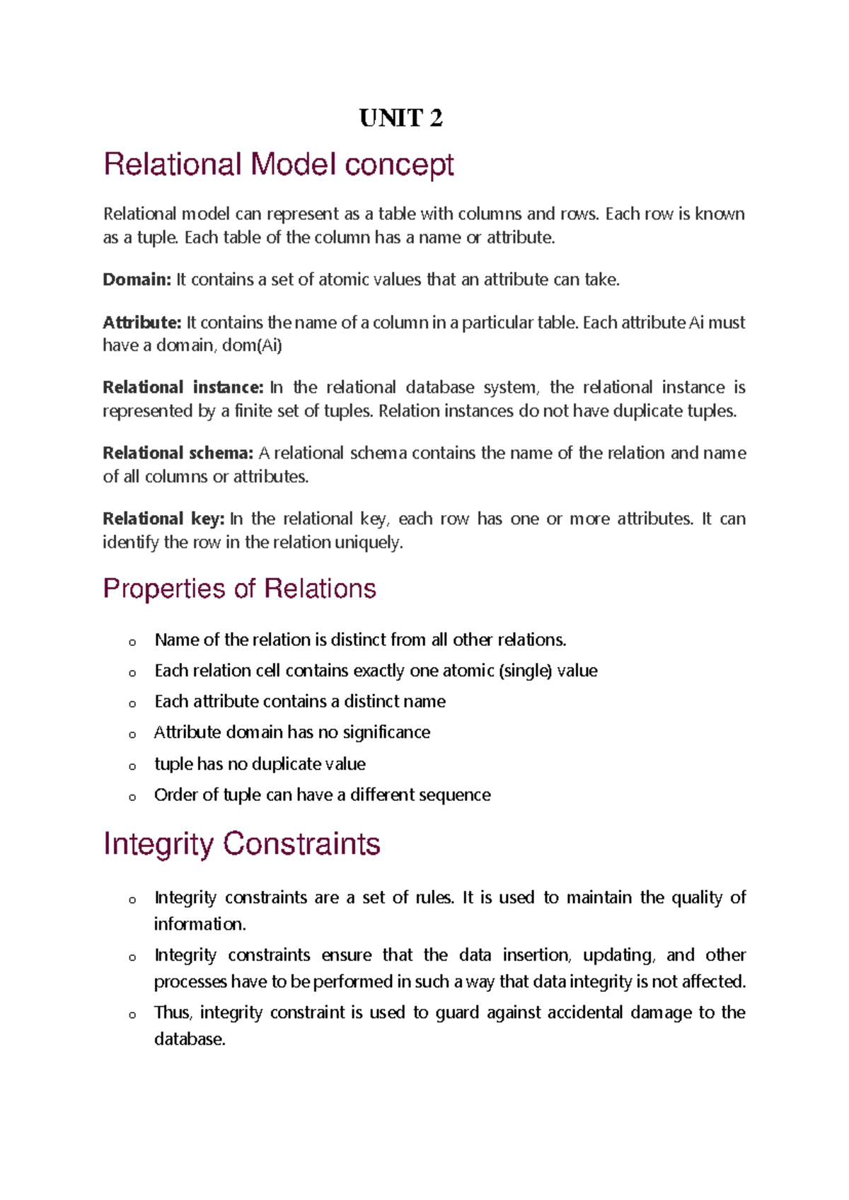 DBMS 2 - notes - UNIT 2 Relational Model concept Relational model can ...