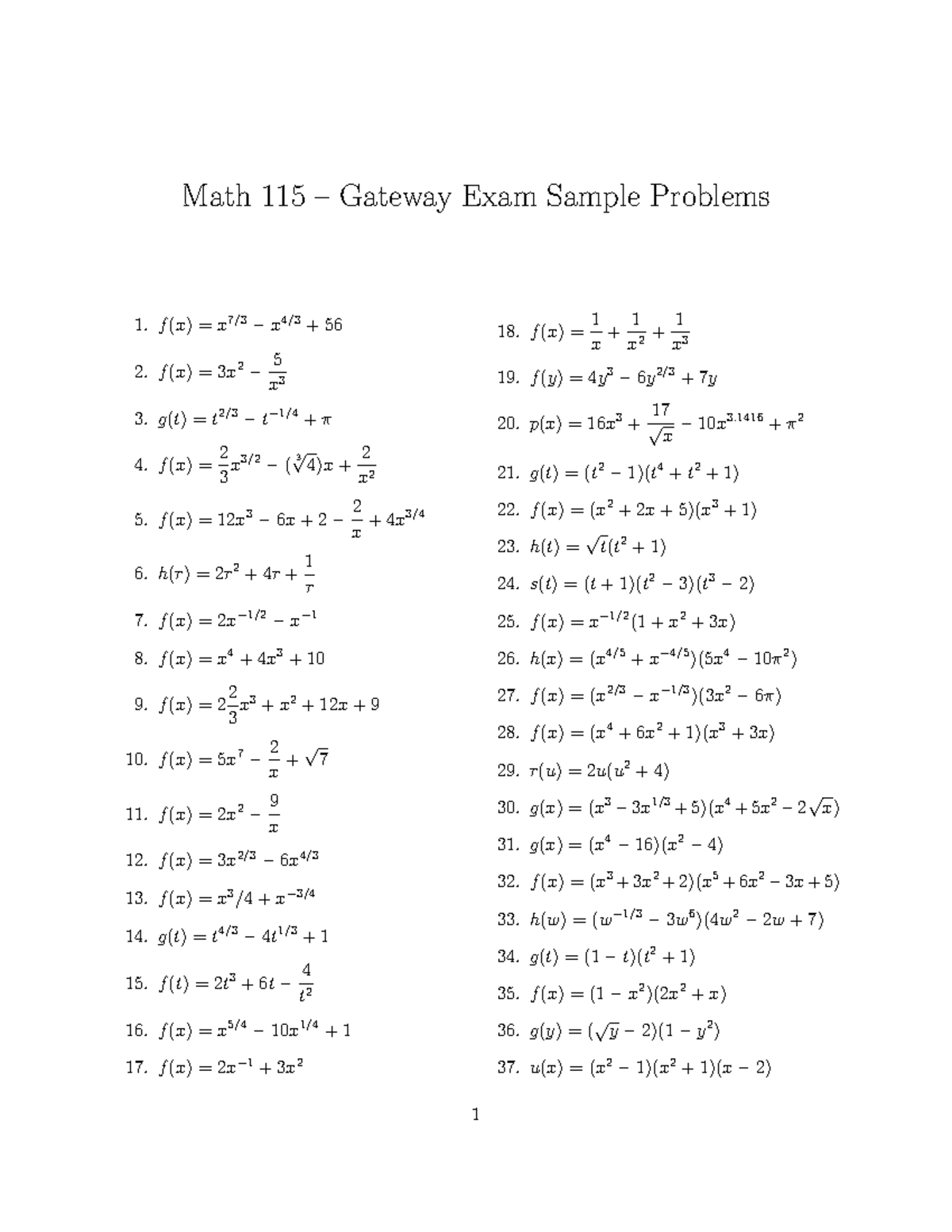 MATH 115 Gateway problems - Math 115 – Gateway Exam Sample Problems f ...