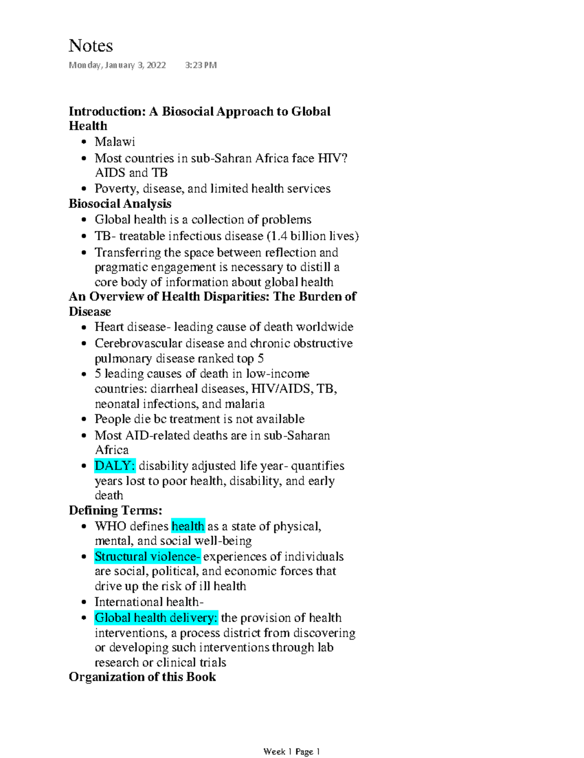 Notes - Introduction to Global Health - Introduction: A Biosocial ...