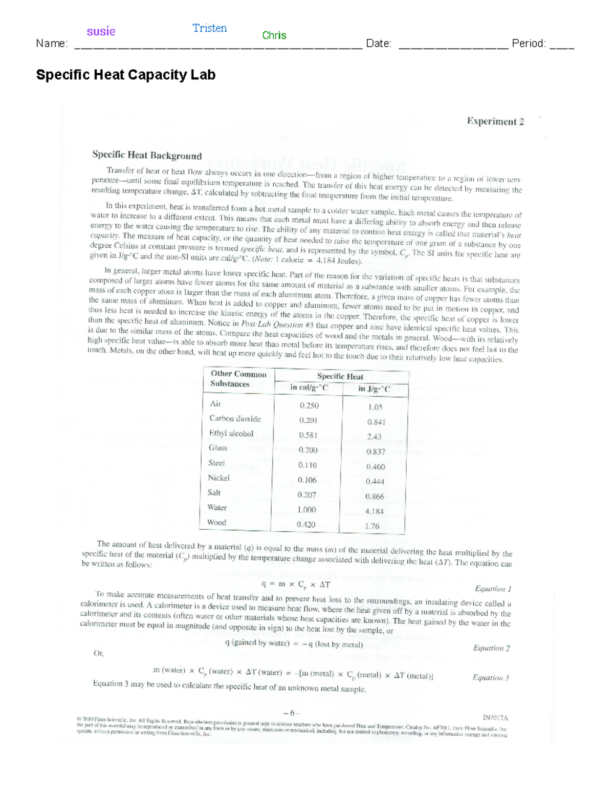Susanna Kazsuk - Specific Heat Capacity Lab - Name