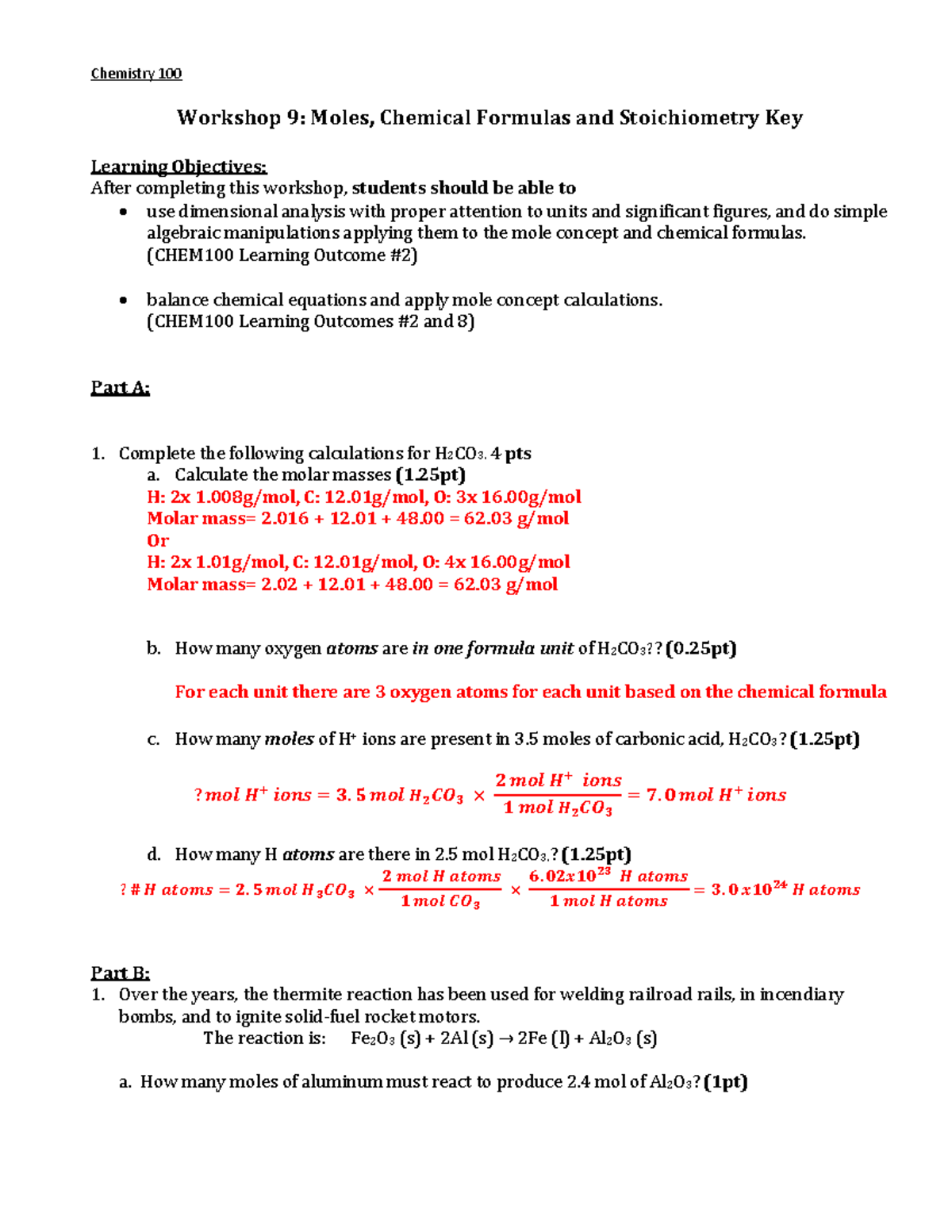 Wk #9 Key - ANSWER KEY TO WORKSHOP 9 - Chemistry 100 Workshop 9: Moles ...