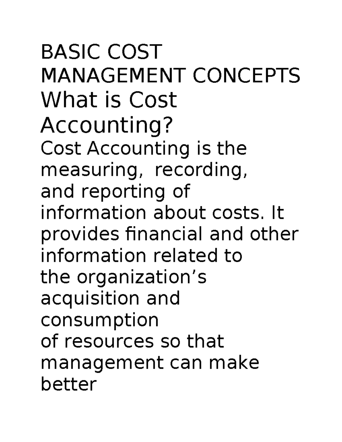 Basic COST Management Concepts - BASIC COST MANAGEMENT CONCEPTS What is ...