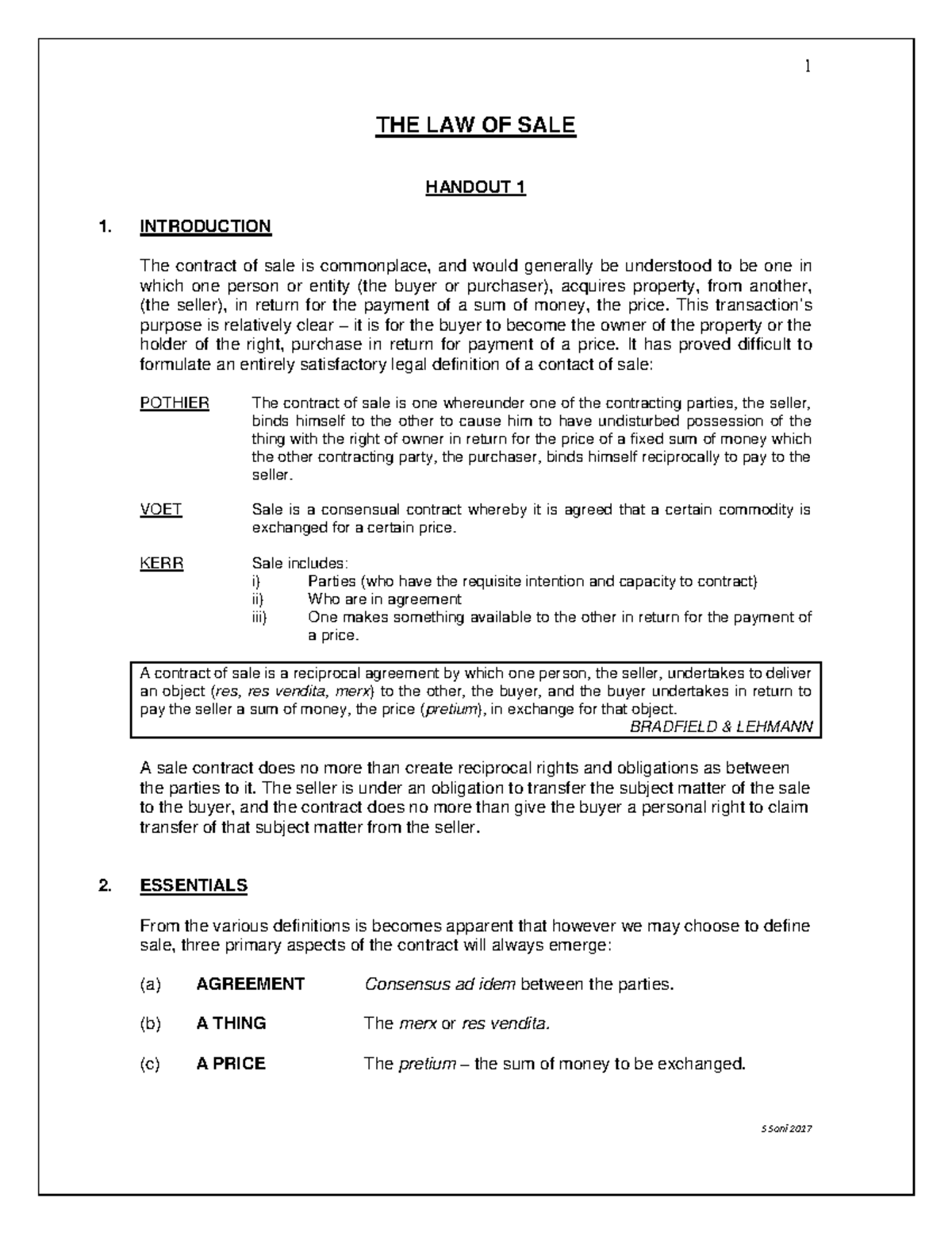 SALE Handout - efficient for studying for an exam - THE LAW OF SALE ...