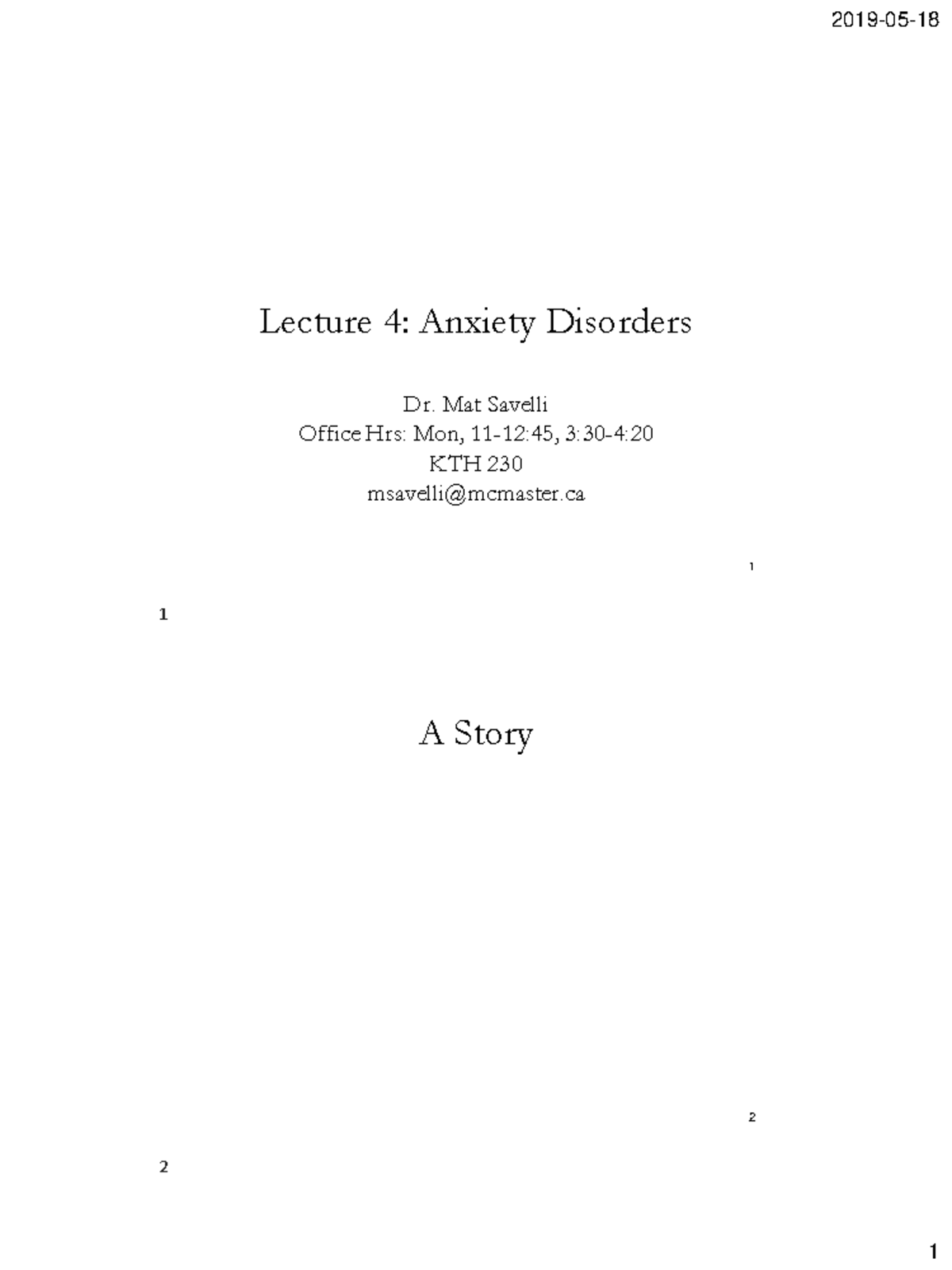Lecture 4 - Anxiety Disorders 2019 - 2019-05-18 Lecture 4: Anxiety ...