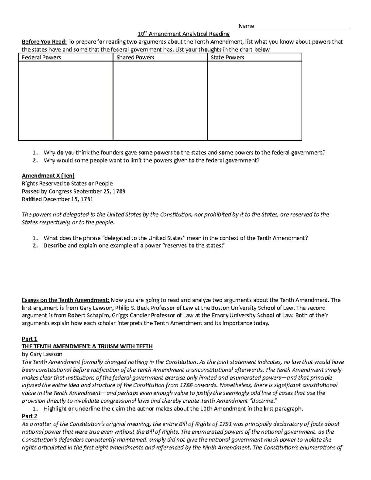 10th Amendment Analytical Reading - APUSH2021 - Harvard - Studocu