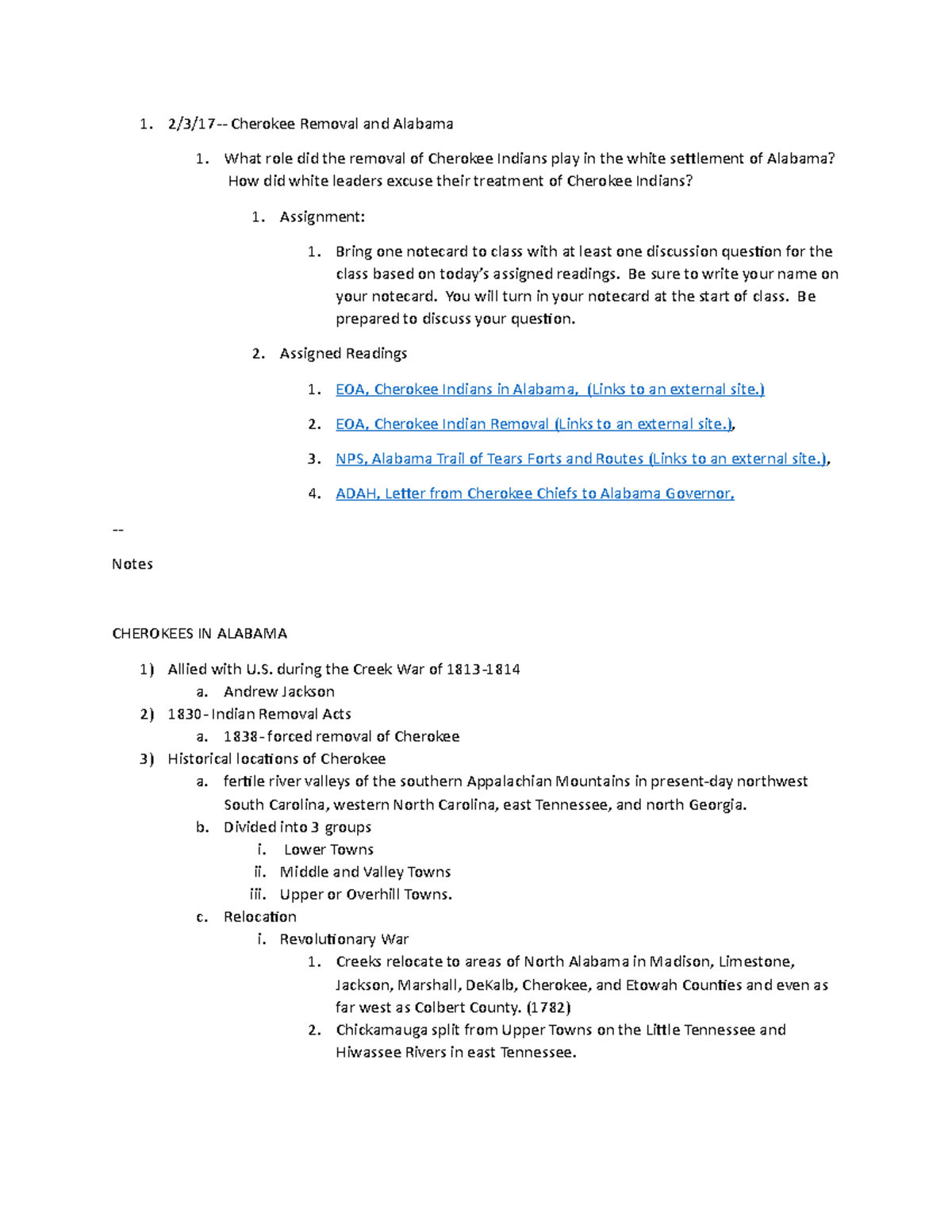 February 3- Discussion and Notes - 1. 2/3/17- Cherokee Removal and ...
