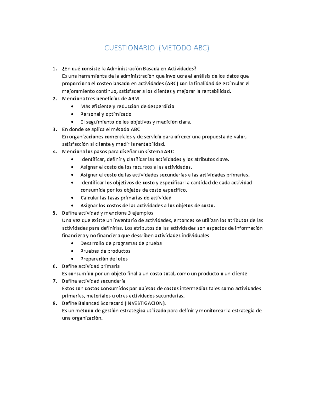 Cuestionario Metodo ABC - CUESTIONARIO (METODO ABC) øEn quÈ consiste la AdministraciÛn Basada en ...