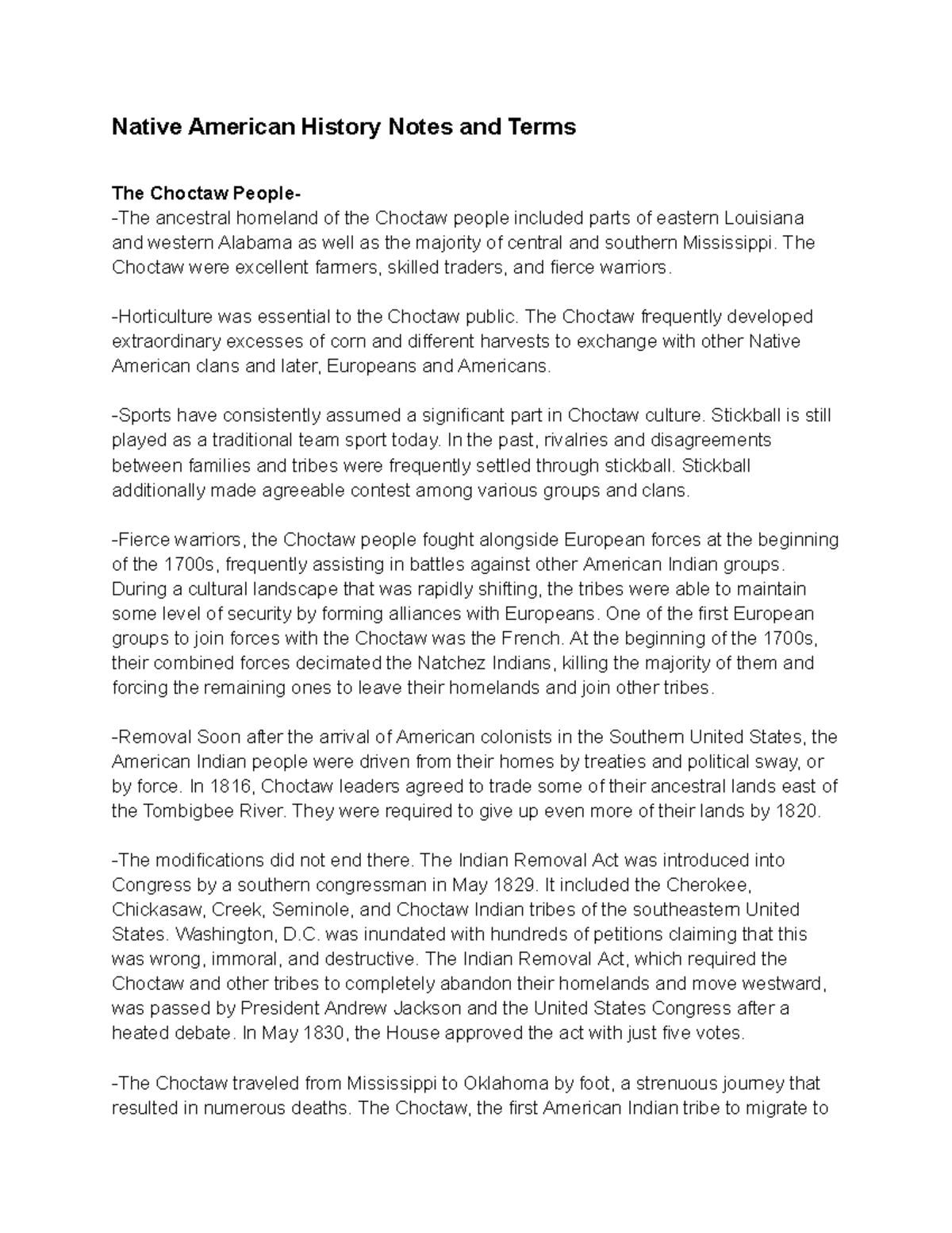 Native American History Notes and Terms 1 - The Choctaw were excellent ...