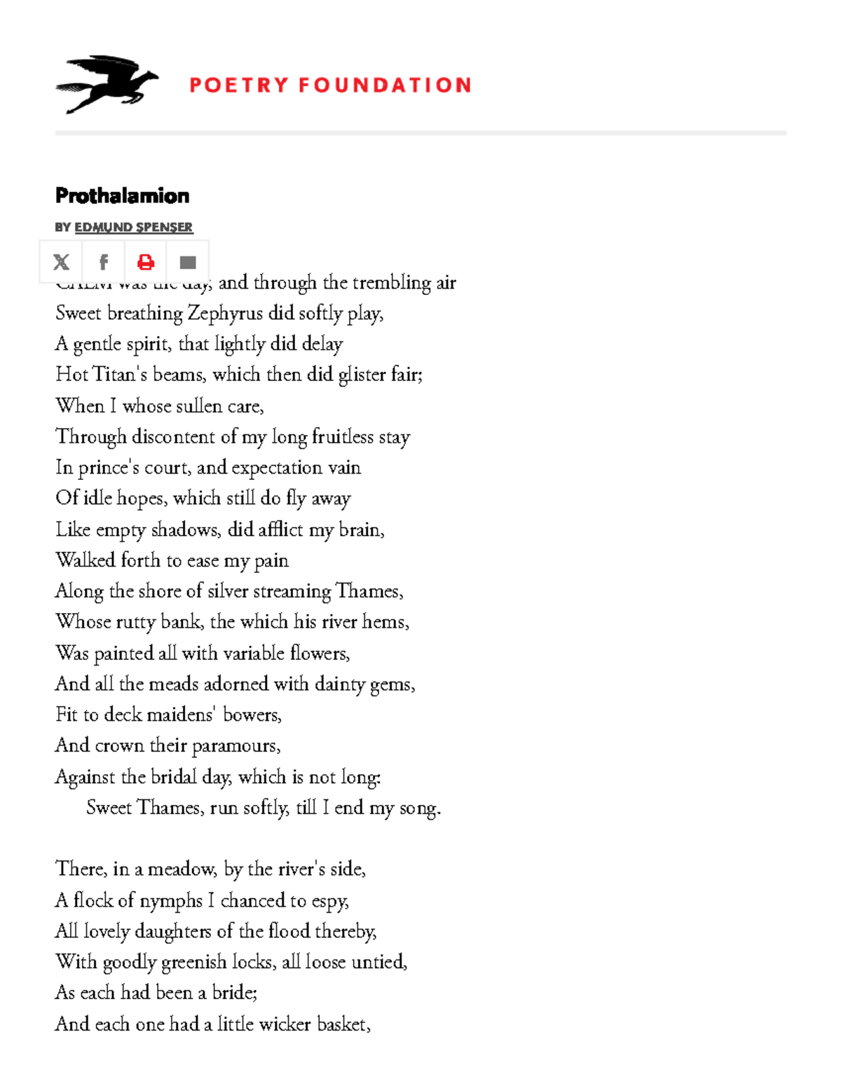 Prothalamion The Poetry Foundation - Prothalamion BY EDMUND SPENSER ...