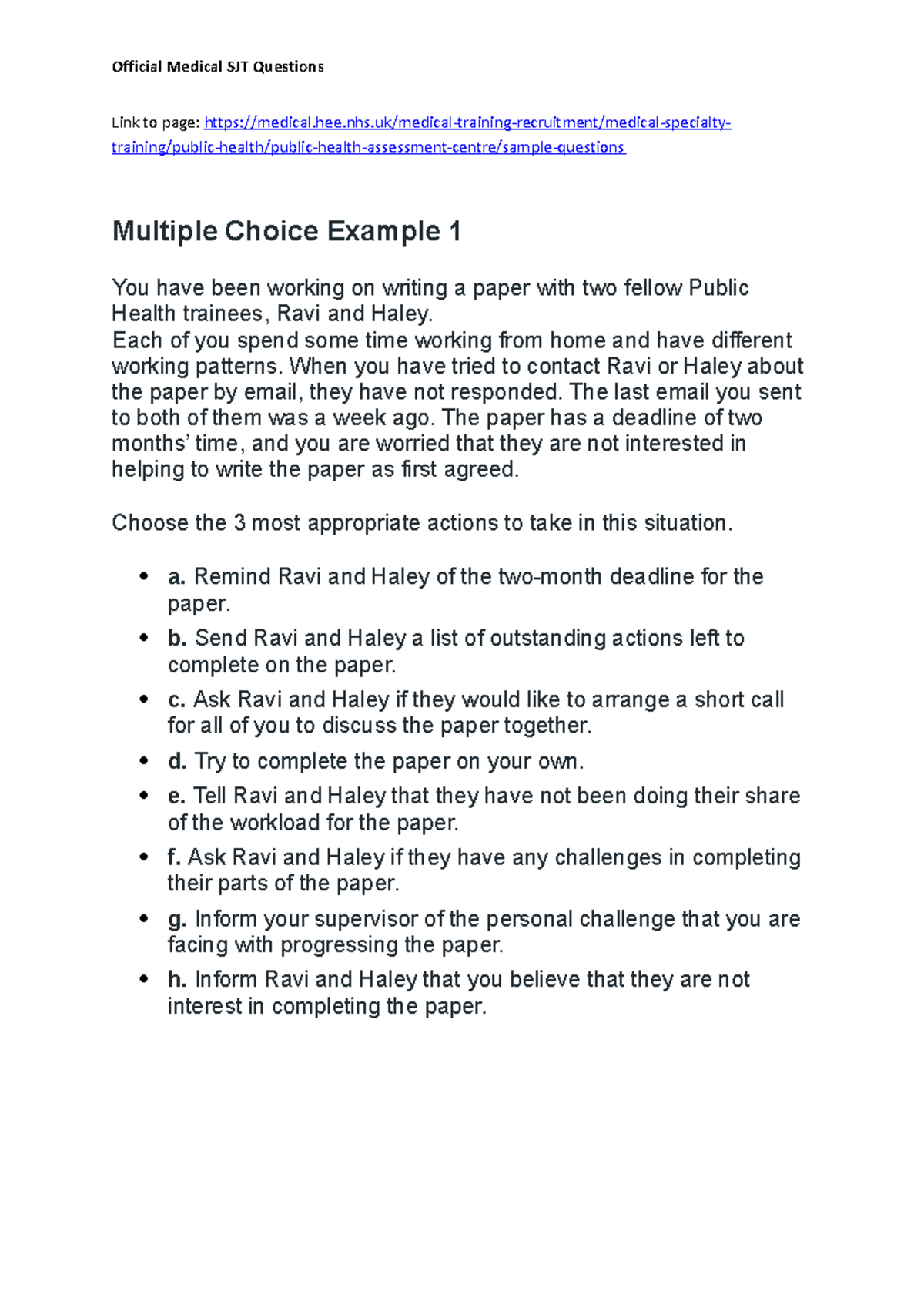 Medical SJT Questions from NHS Website - Link to page: - Studocu