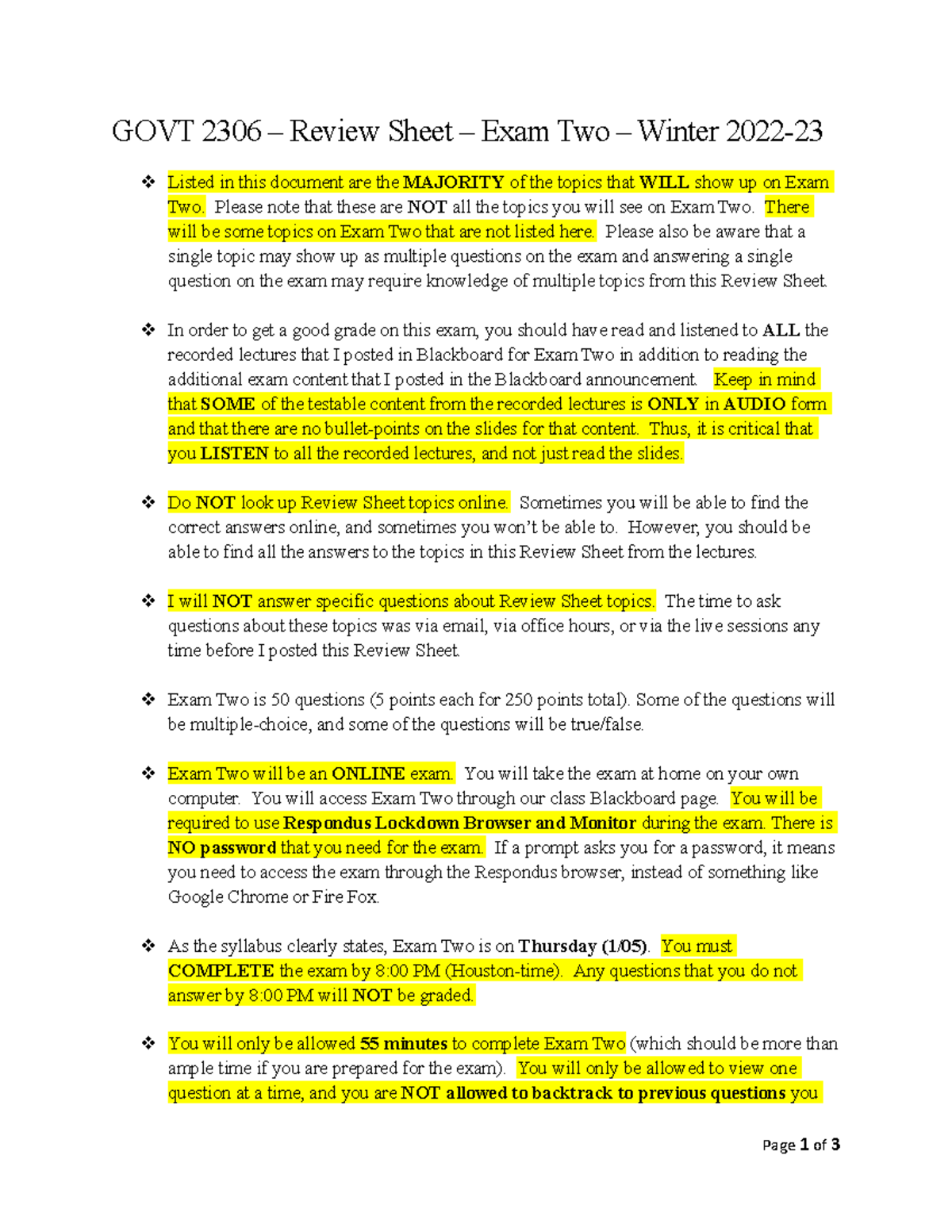 GOVT 2306 Review #2 Winter 22 Online - GOVT 2306 – Review Sheet – Exam ...