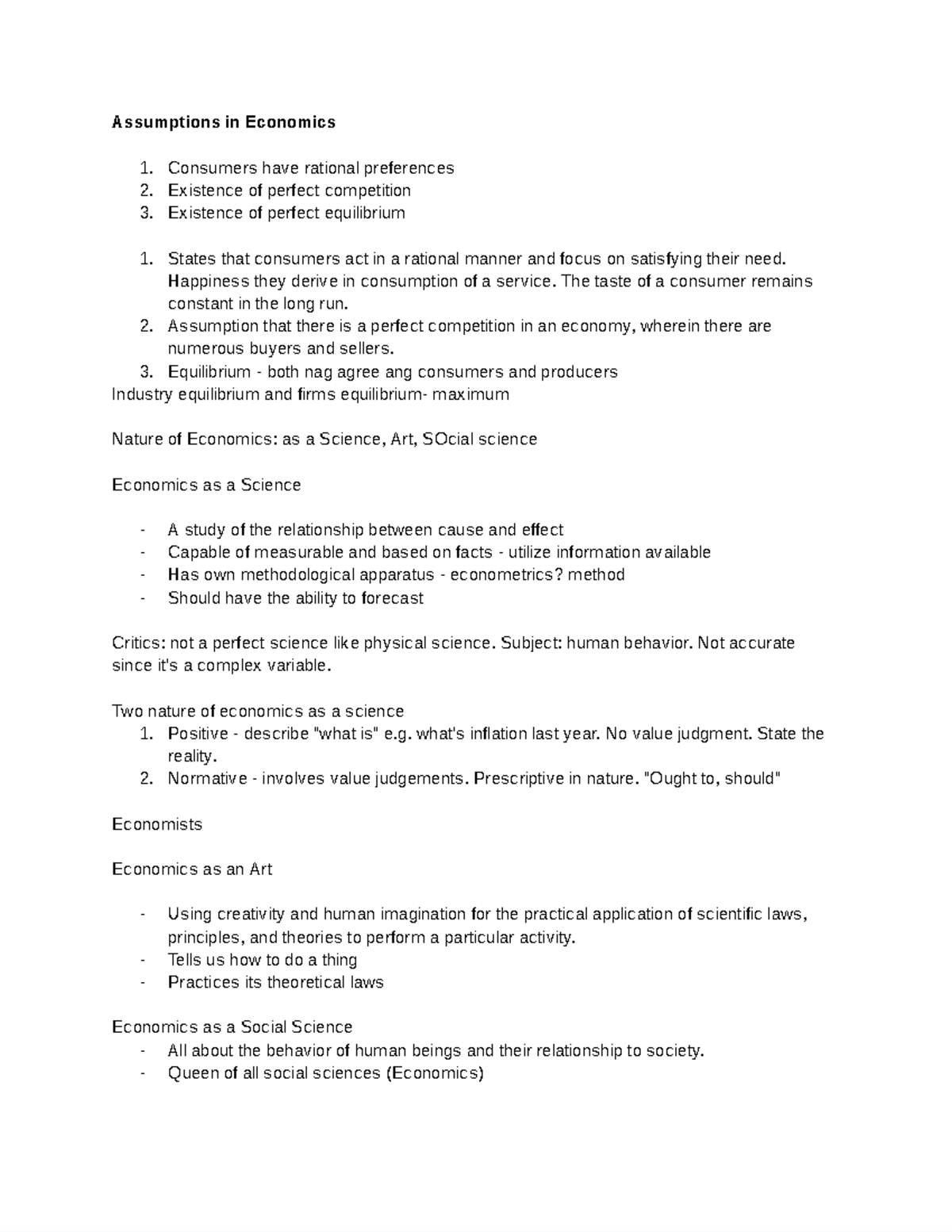 Managerial Economics Notes - Assumptions in Economics 1. Consumers have ...