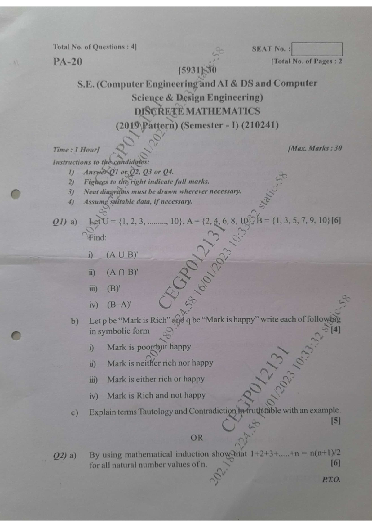 Insem aper DM 2022 - Total No. of Questions : SEAT No. : No. of Pages : 2 (593)1530 S. (Computer ...