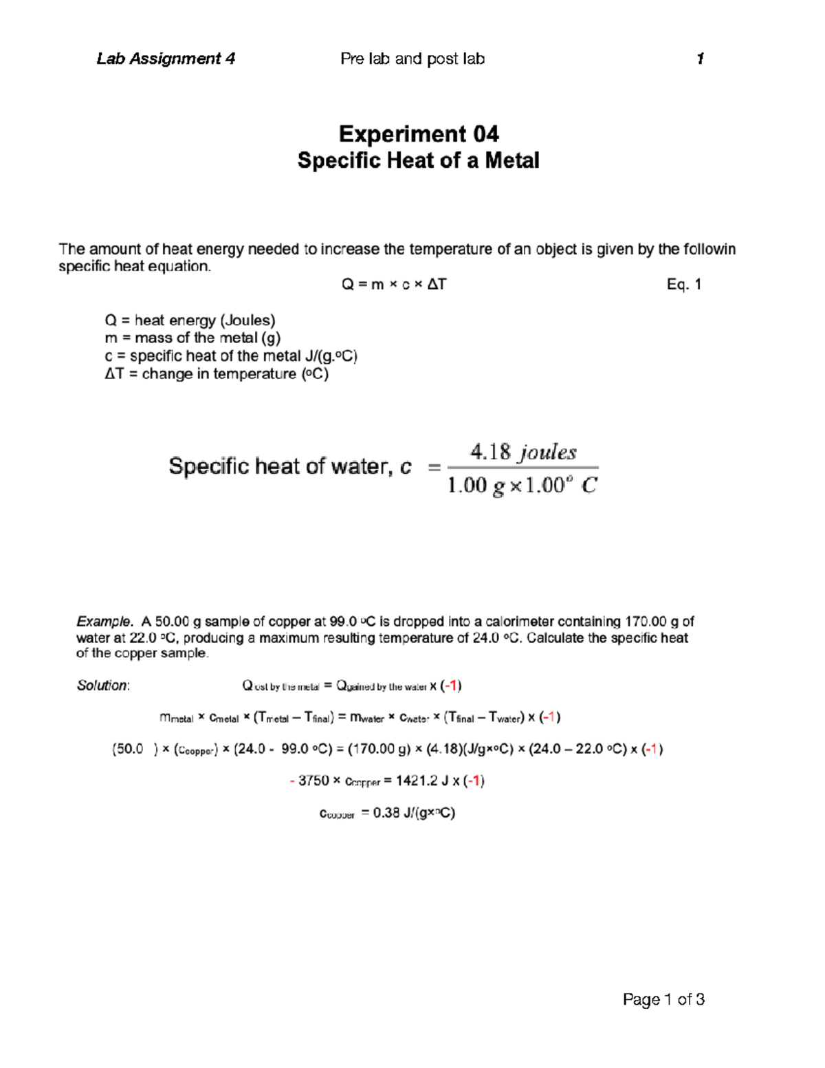 Lab Assignment 4 - 1. Identify the specific heat equation. Provide the ...