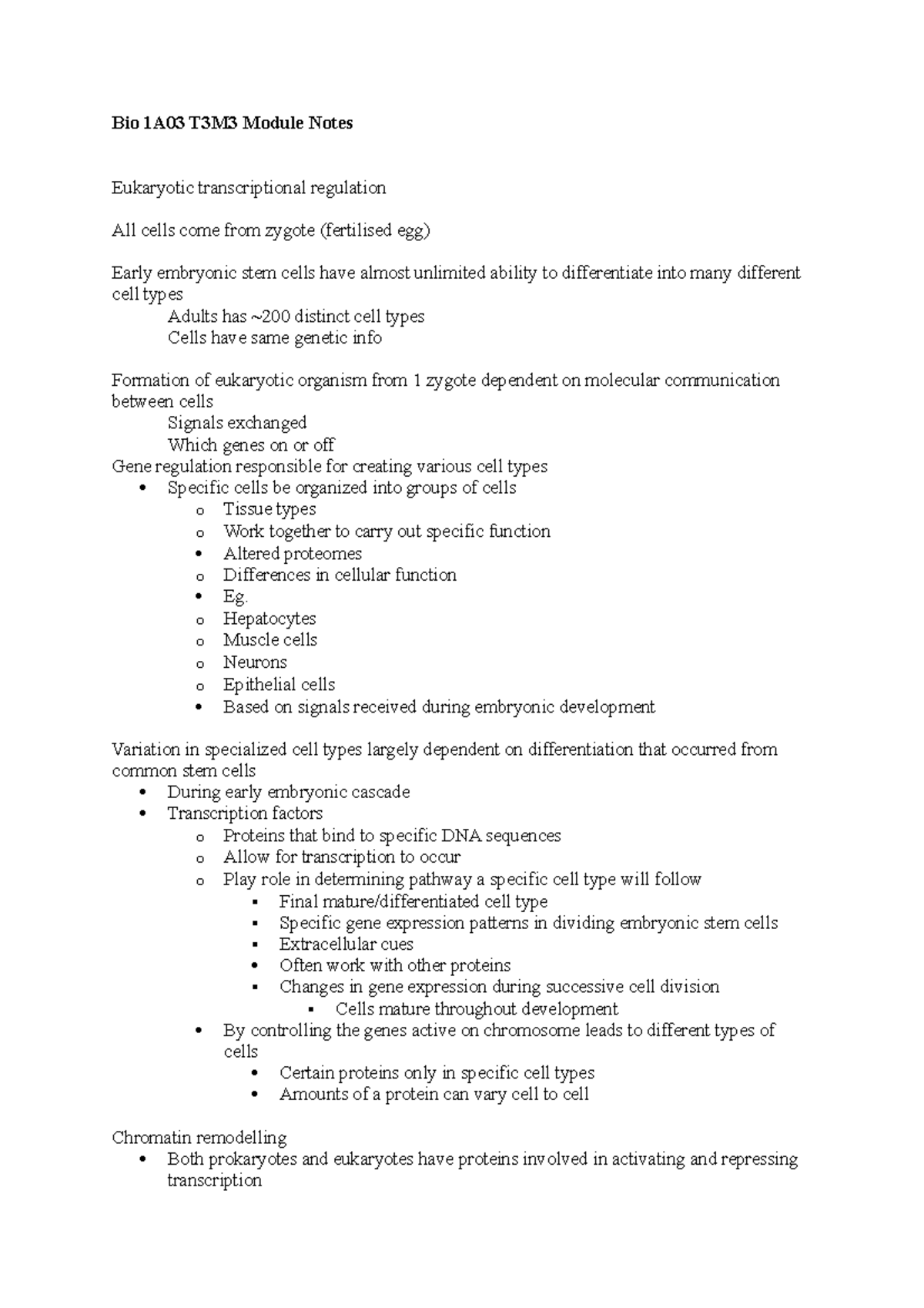 Bio 1A03 T3M3 Module Notes - Bio 1A03 T3M3 Module Notes Eukaryotic ...