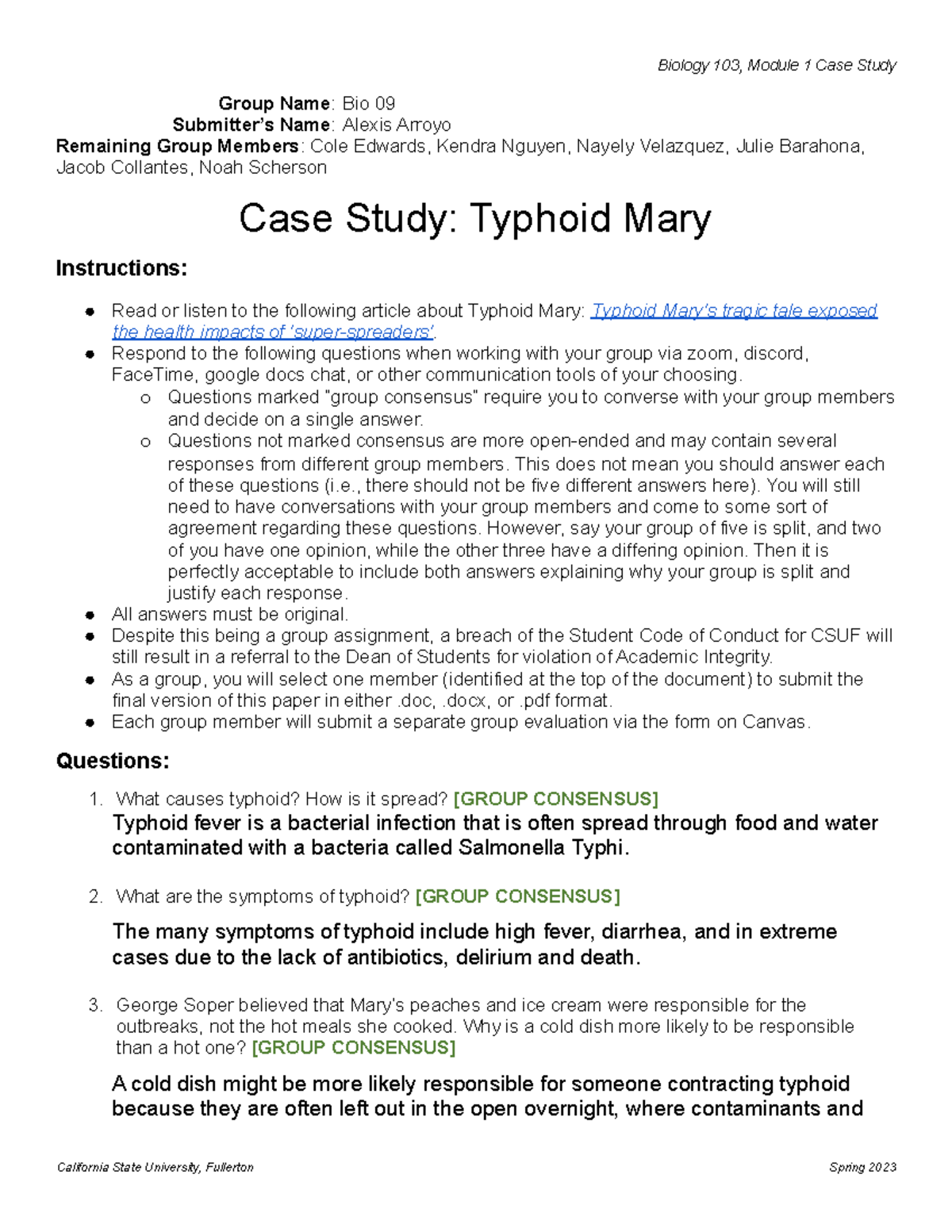 M1 Case Study Typhoid Mary Group #9 - Biology 103, Module 1 Case Study ...