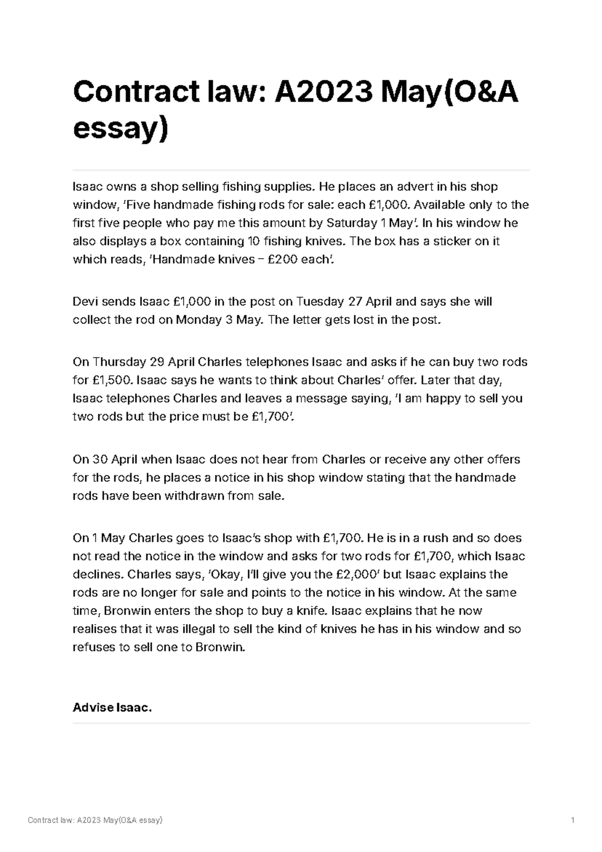 Contract law essay - Contract law: A2023 May(O&A essay) 1 Contract law ...