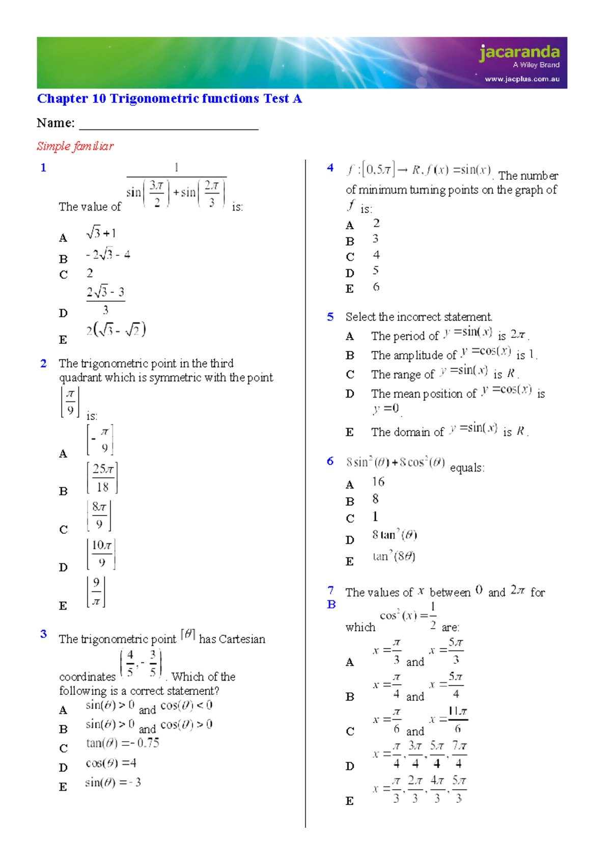 Chap 10 Test A doc-30683 - Chapter 10 Trigonometric functions Test A ...
