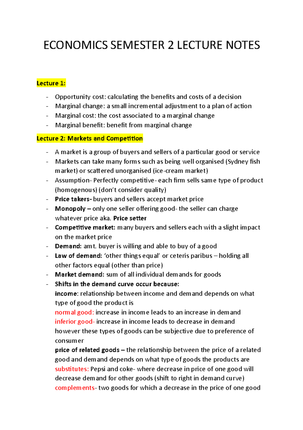Economics Lecture Notes - ECONOMICS SEMESTER 2 LECTURE NOTES Lecture 1 ...