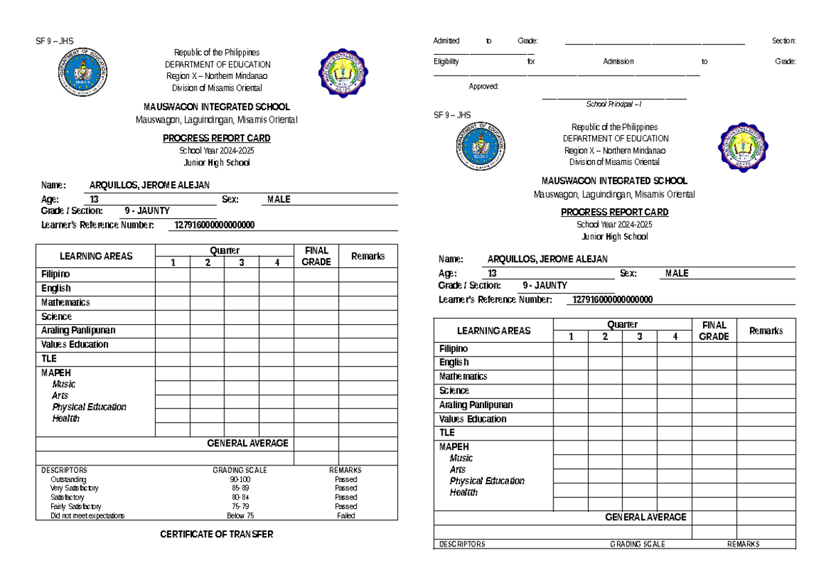 Report CARD SF9 2024-2025 - SF 9 – JHS Republic of the Philippines ...