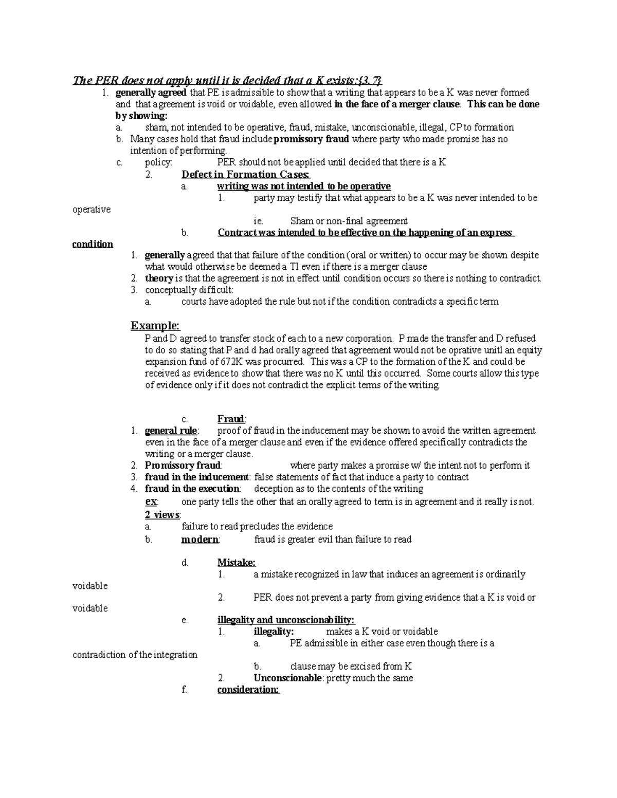 Contracts Law Outline 1 - The PER does not apply until it is decided ...