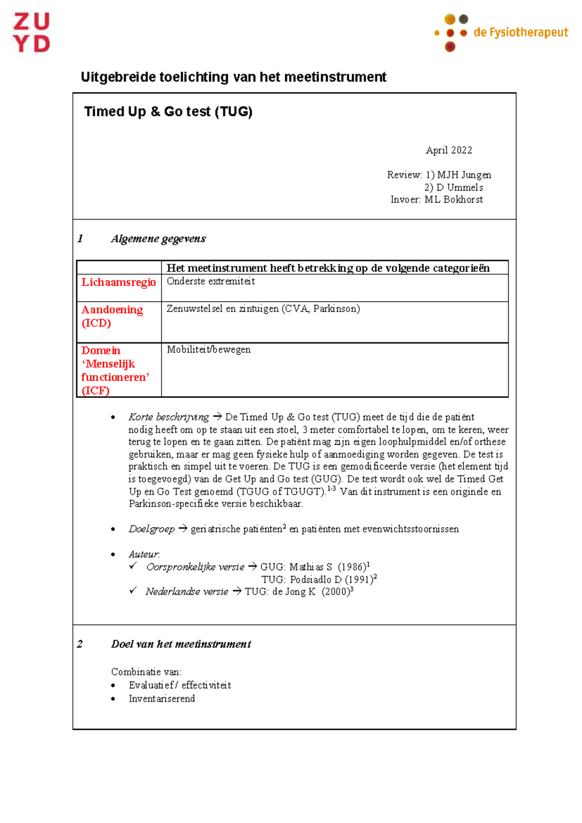 TUG-form - Tug - Uitgebreide toelichting van het meetinstrument Timed ...