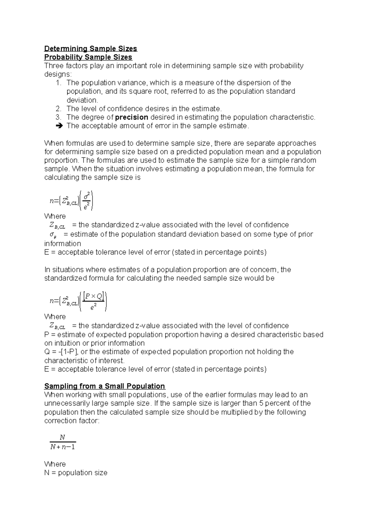Determining Sample Sizes - Determining Sample Sizes Probability Sample ...