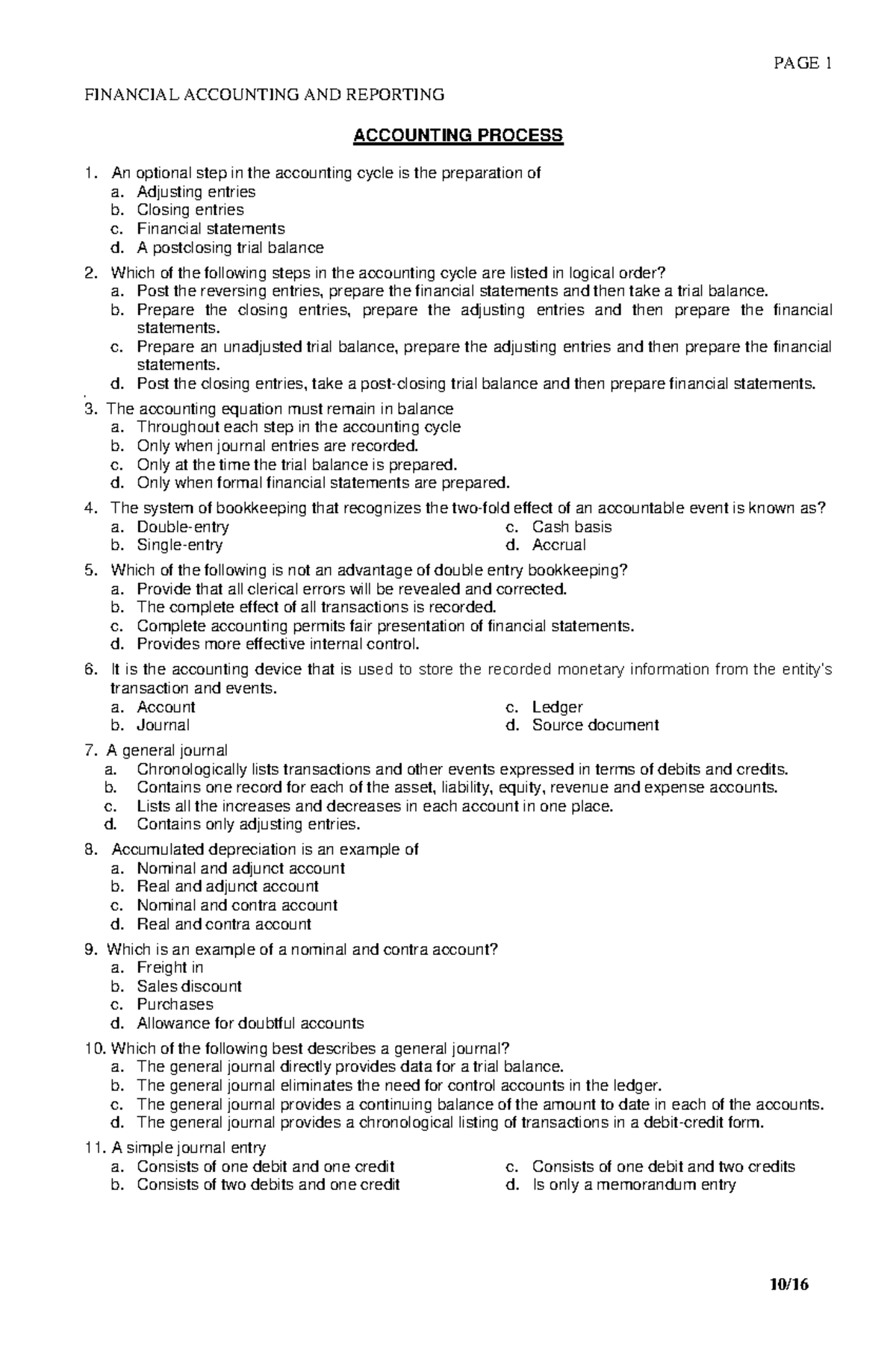 Accounting process exam - FINANCIAL ACCOUNTING AND REPORTING ACCOUNTING ...