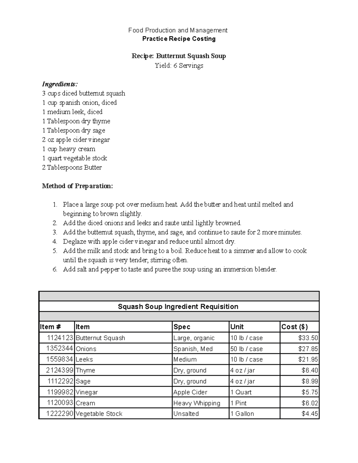 FPM Practice Recipe Costing Squash Soup - Food Production and ...