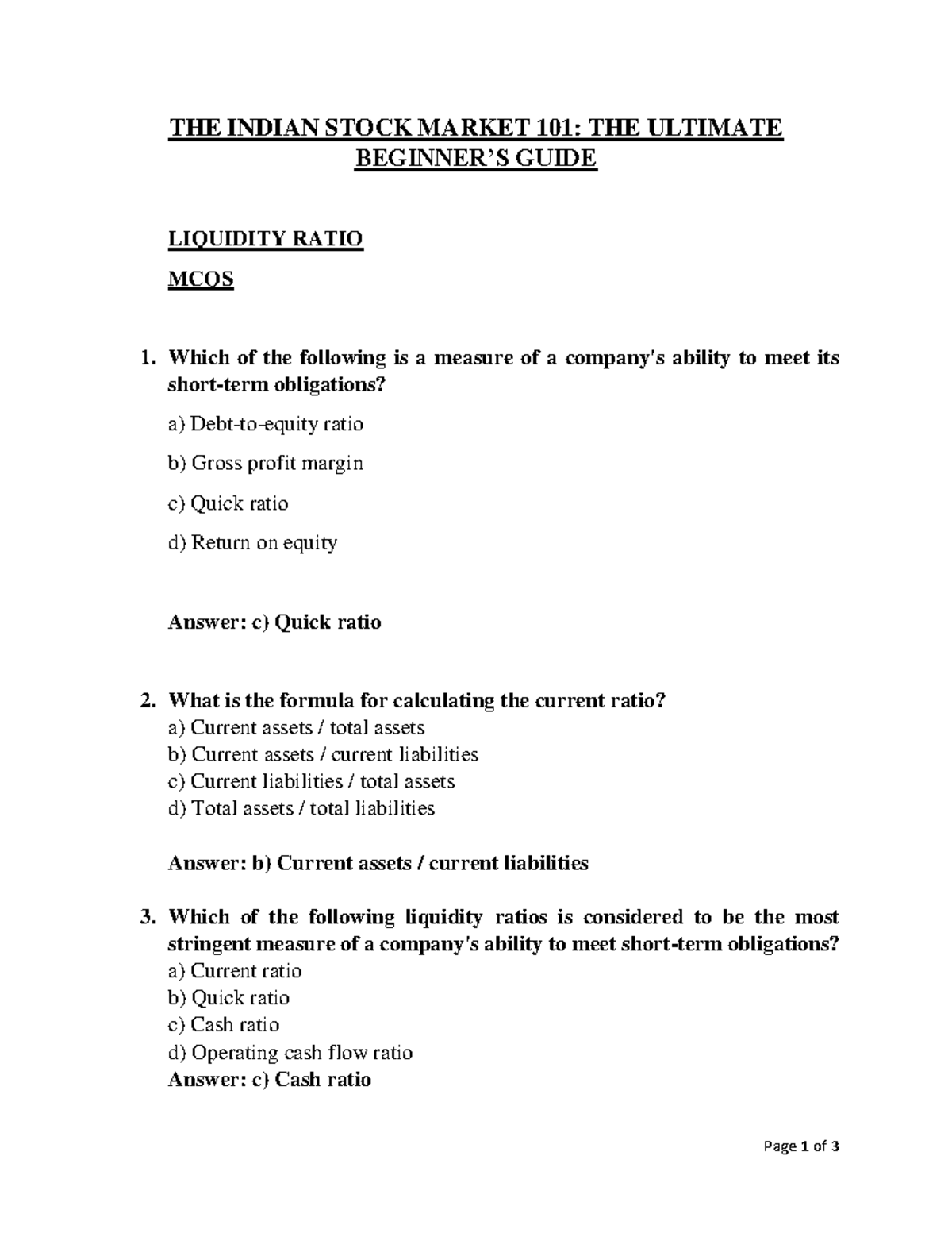 Stock Market MCQS 3 - Page 1 of 3 THE INDIAN STOCK MARKET 101: THE ...