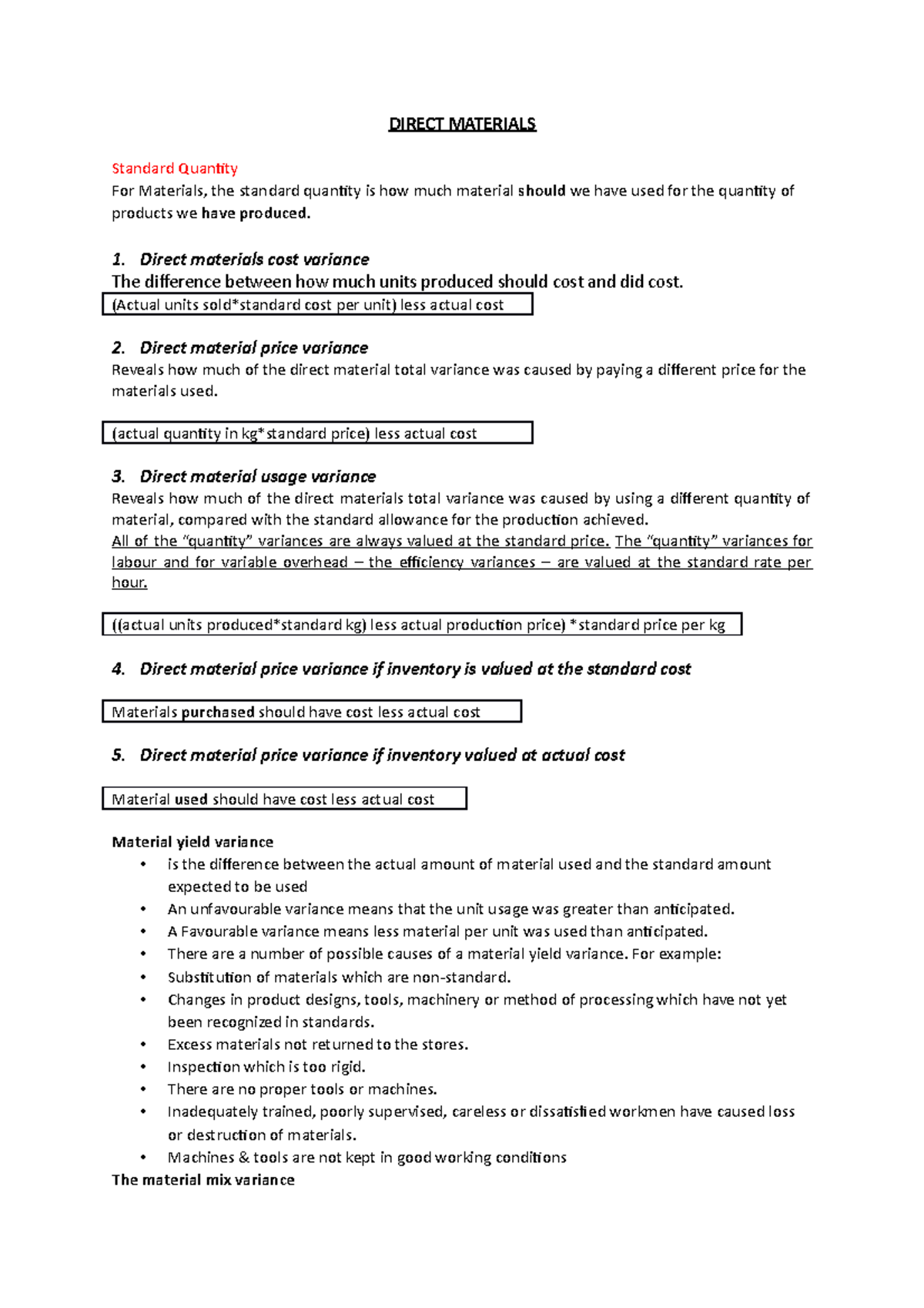 Materials - Summary of how to calculate and analyse material's variance ...